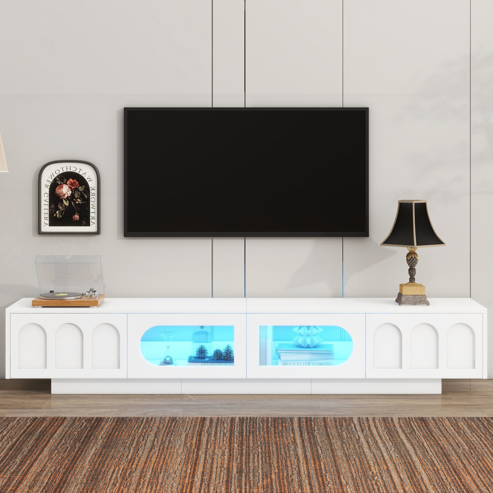 86.6-Inch TV Stand with LED Light, Functional Media Console with Arched ...