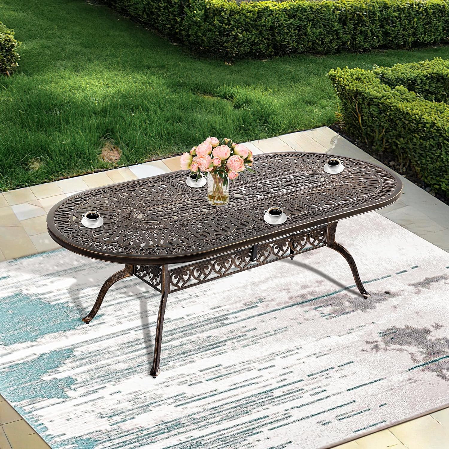 86.6" Oval Cast Aluminum Patio Dining Table for 8-10, Outdoor Metal ...