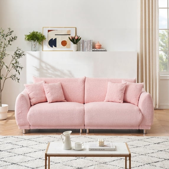 86.6 inch pink teddy fleece sofa with hardware feet & 4 pillows, space ...