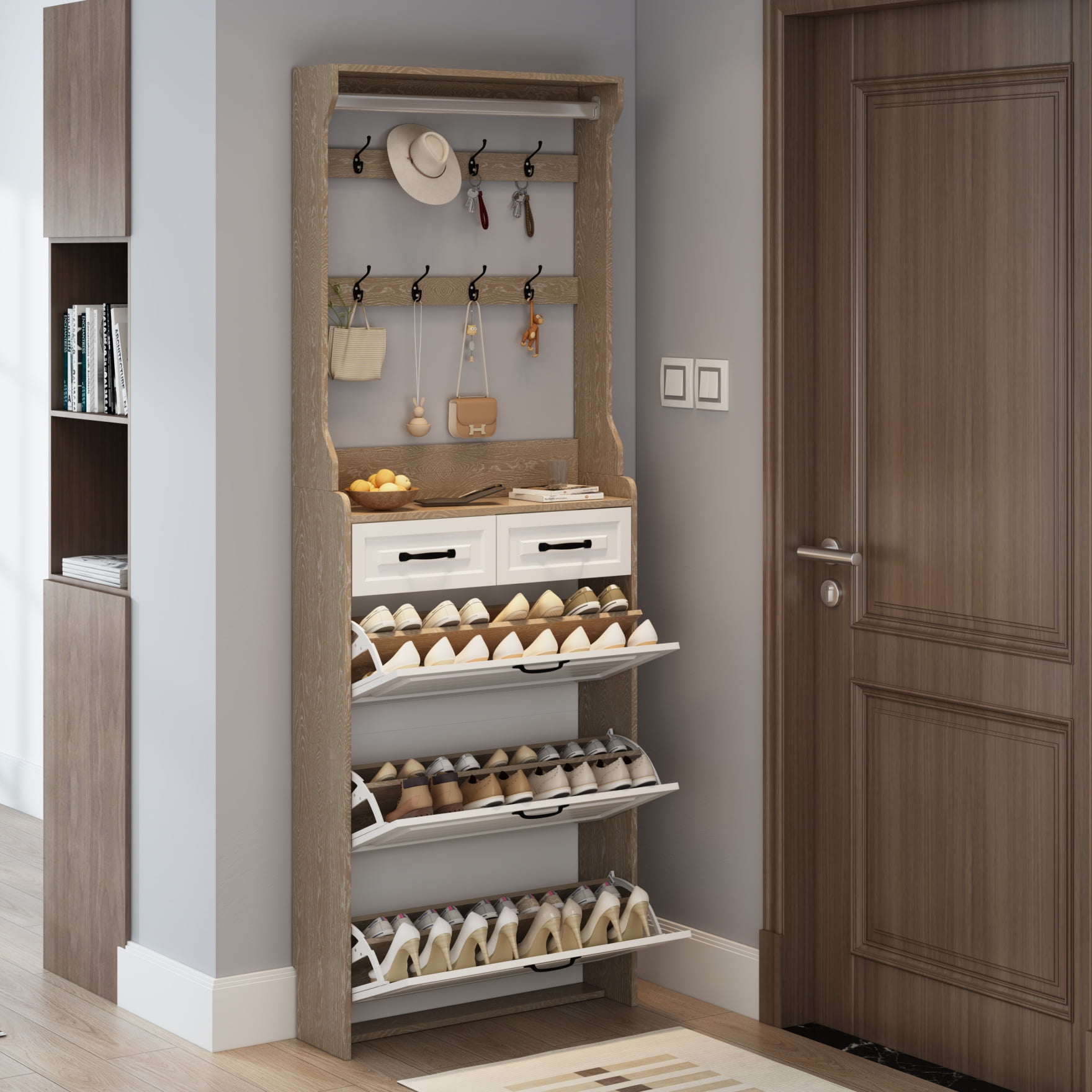 86.61" Shoe Storage Cabinet, Modern Luxury Free Standing Slim Wood Shoe ...