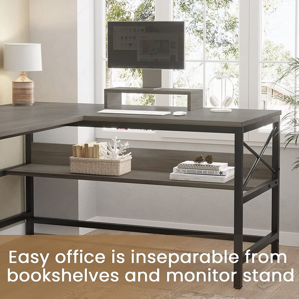 86" L-Shape Reversible Corner Computer Desk with Monitor Stand Home ...