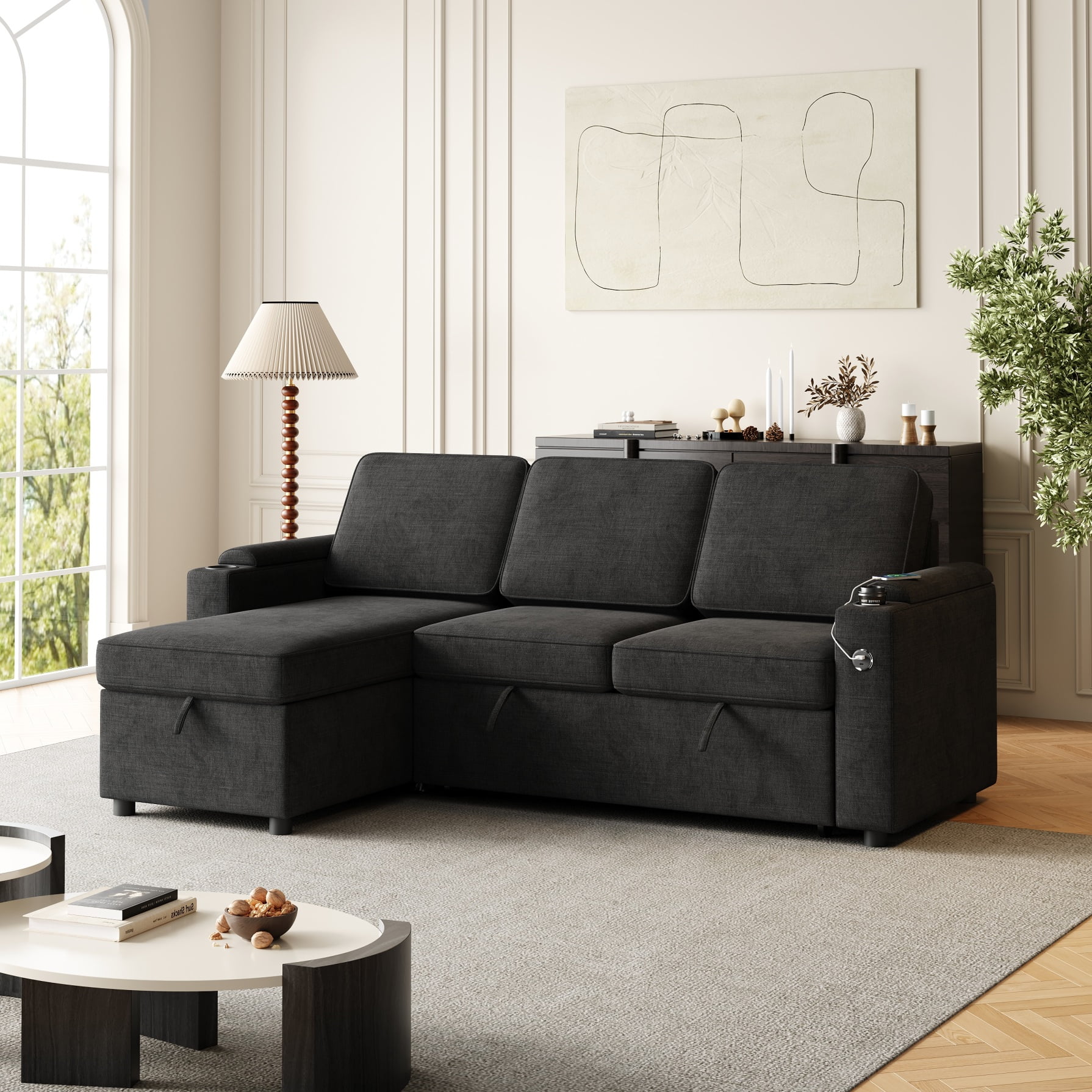 86" L Shaped Sleeper Sofa with Storage Chaise, 2 in 1 Pull Out Sofa Bed ...