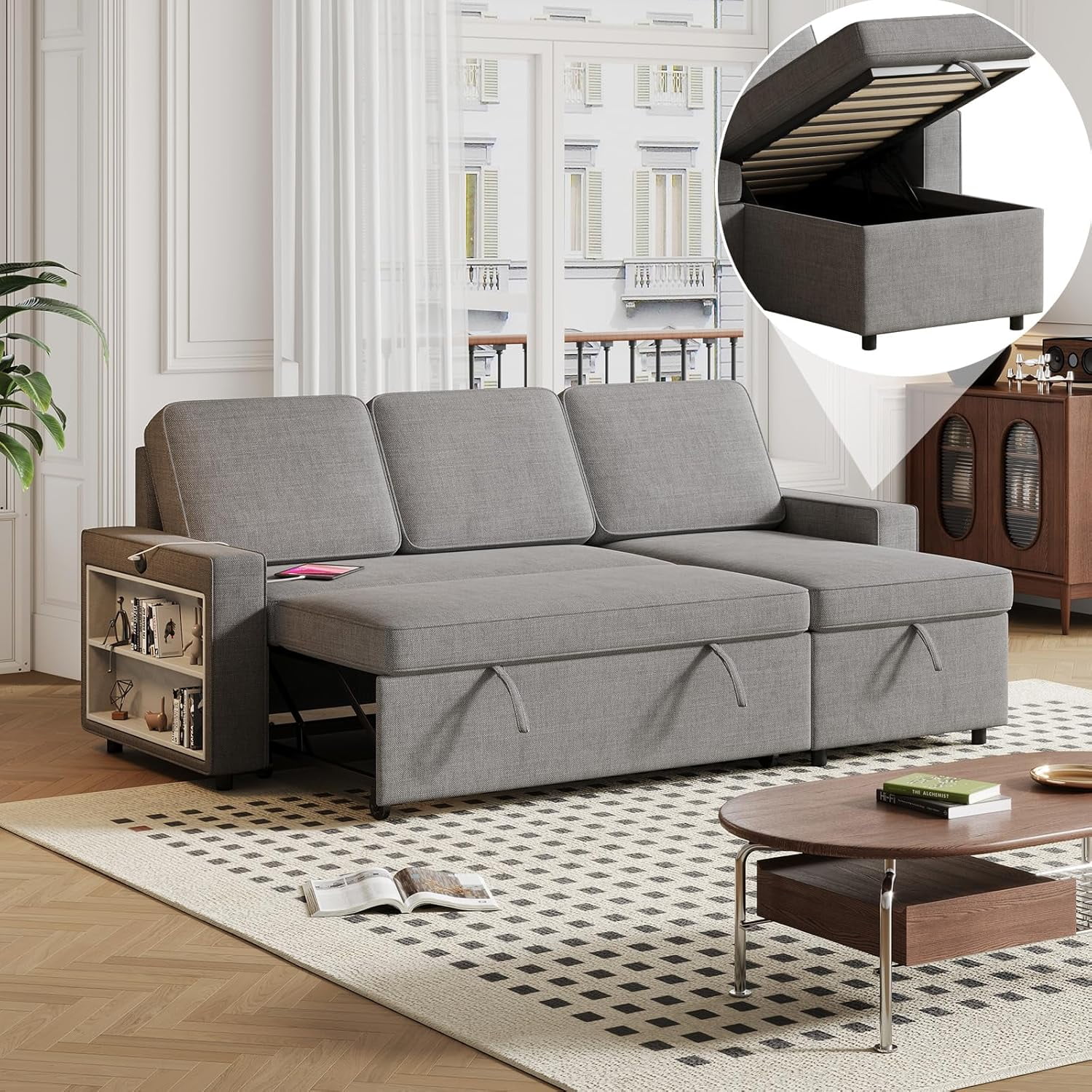 86" Light Grey L-Shape Sectional Sleeper Sofa Bed with Pull-Out Bed ...