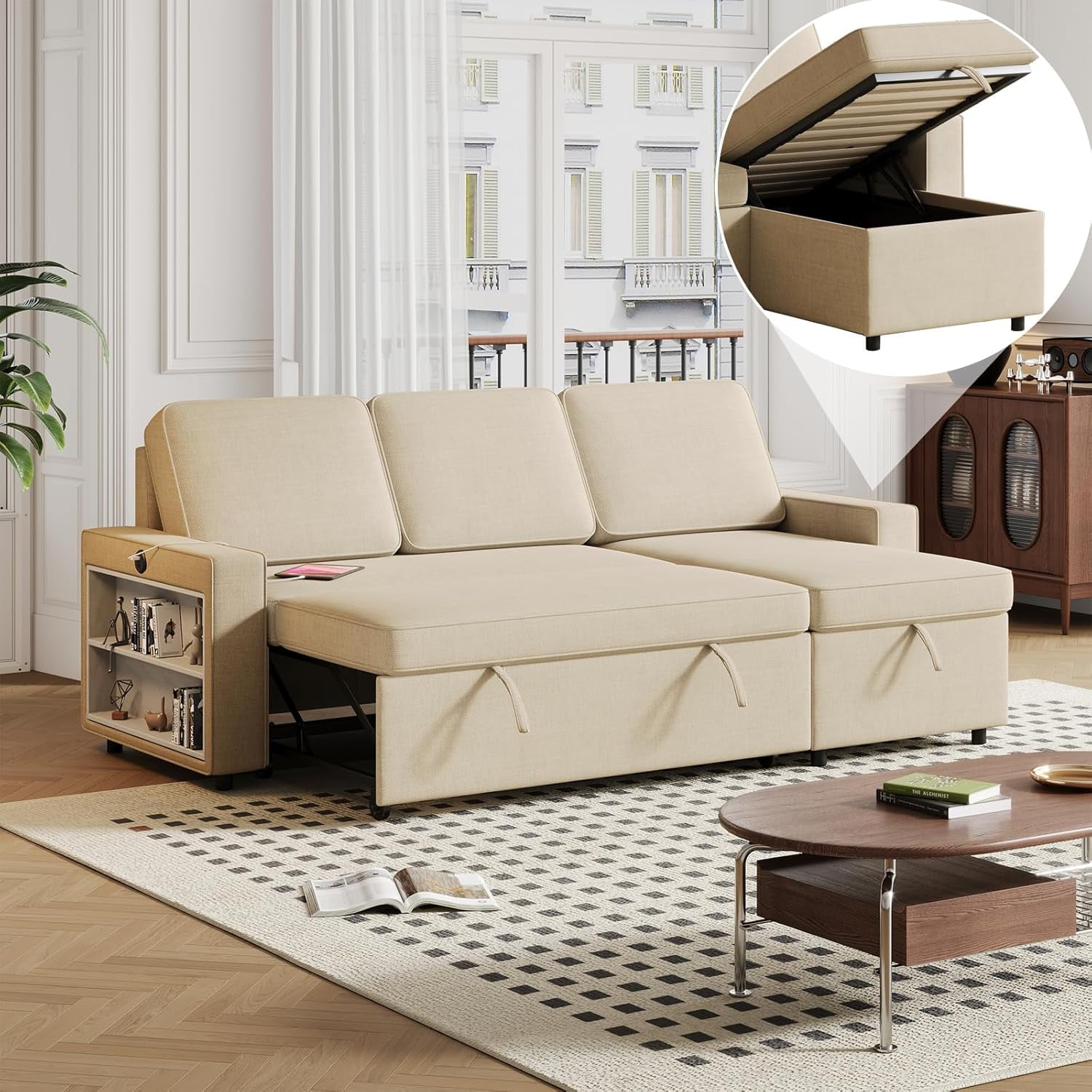 86" Light Grey L-Shape Sectional Sleeper Sofa Bed with Pull-Out Bed ...