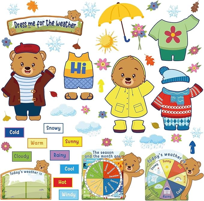86 Pcs Weather Bulletin Board Set for Classroom 12 x 8 Inch Bear Dress ...