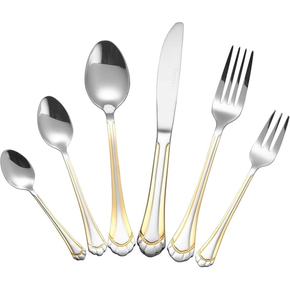 86-Piece Stainless Steel and Gold Flatware Set for 12 - Heavyweight 18/ ...