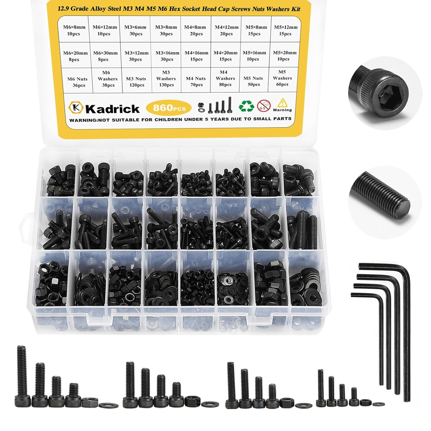 860PCS Metric Screws Assortment, M6 M5 M4 M3 Screw Kit, Ideal for 3D Printing DIY, Hex Socket ...