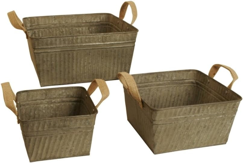 8668-S3-SQ Square Rustic Galvanized Metal Container with Burlap Handles ...