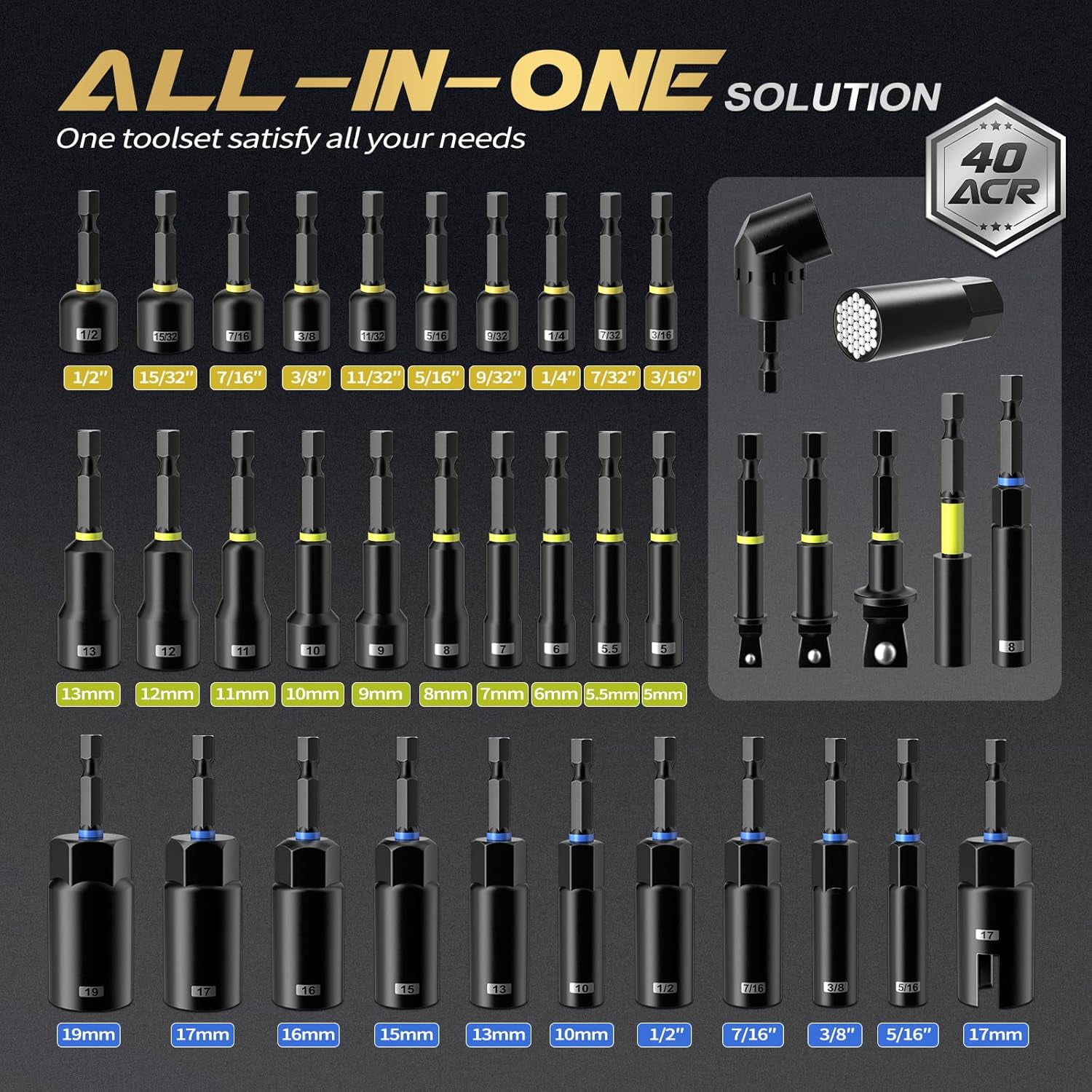 86PCS Magnetic Impact Nut Driver Set Metric & SAE with Socket Adapters ...