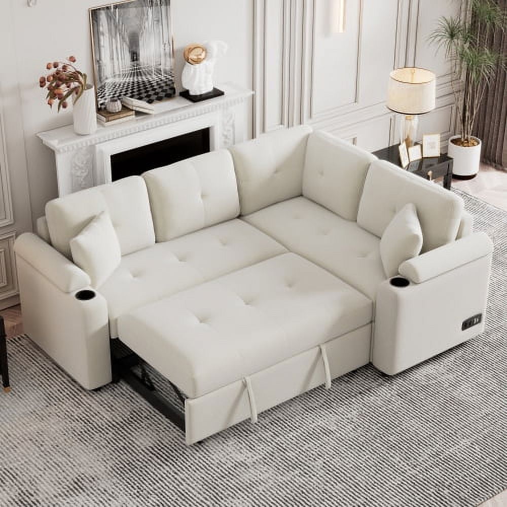 87.4'' Sectional Sofa with Pull-Out Sofa Bed, L-Shape Sleeper Sofa with Wheels, USB Charging ...
