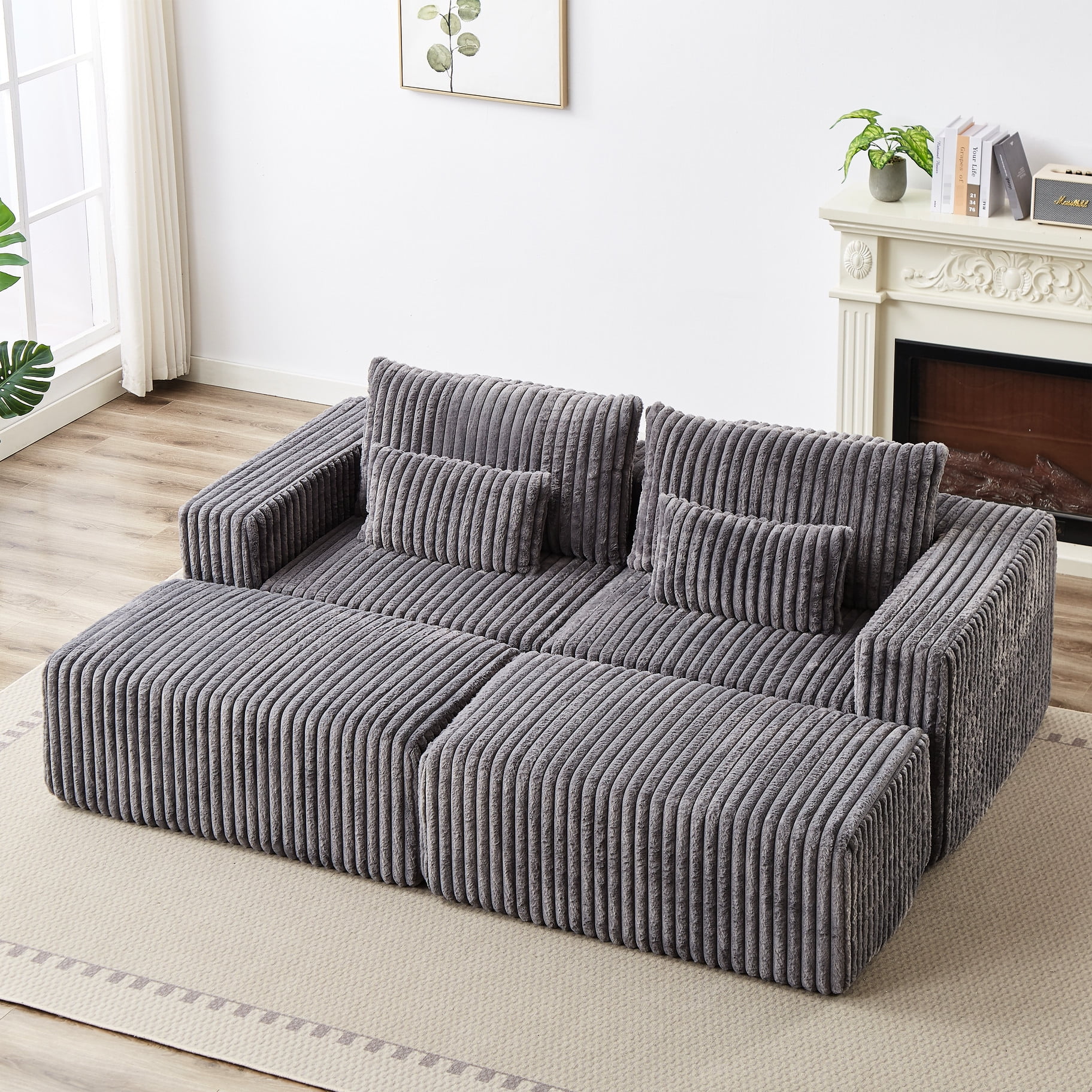 87" Fluffy Modern Lounge - Oversized Sectional Chaise With Removable In Grey Nuance Corduroy No ...