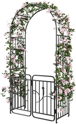 87" H Metal Garden Arbor with Gate & Planter Boxes, Black Archway for ...