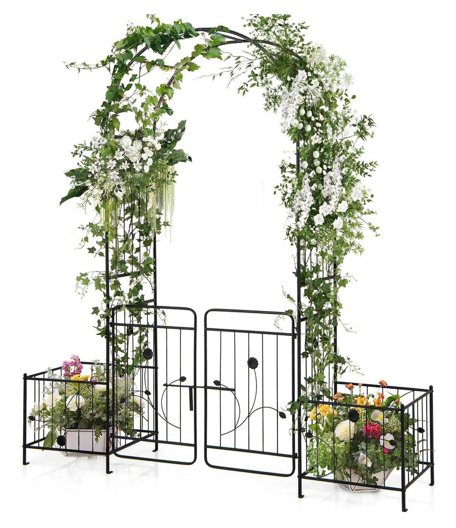 87-Inche Garden Arbor with Gate & Side Planter Box, Metal Garden Arch ...