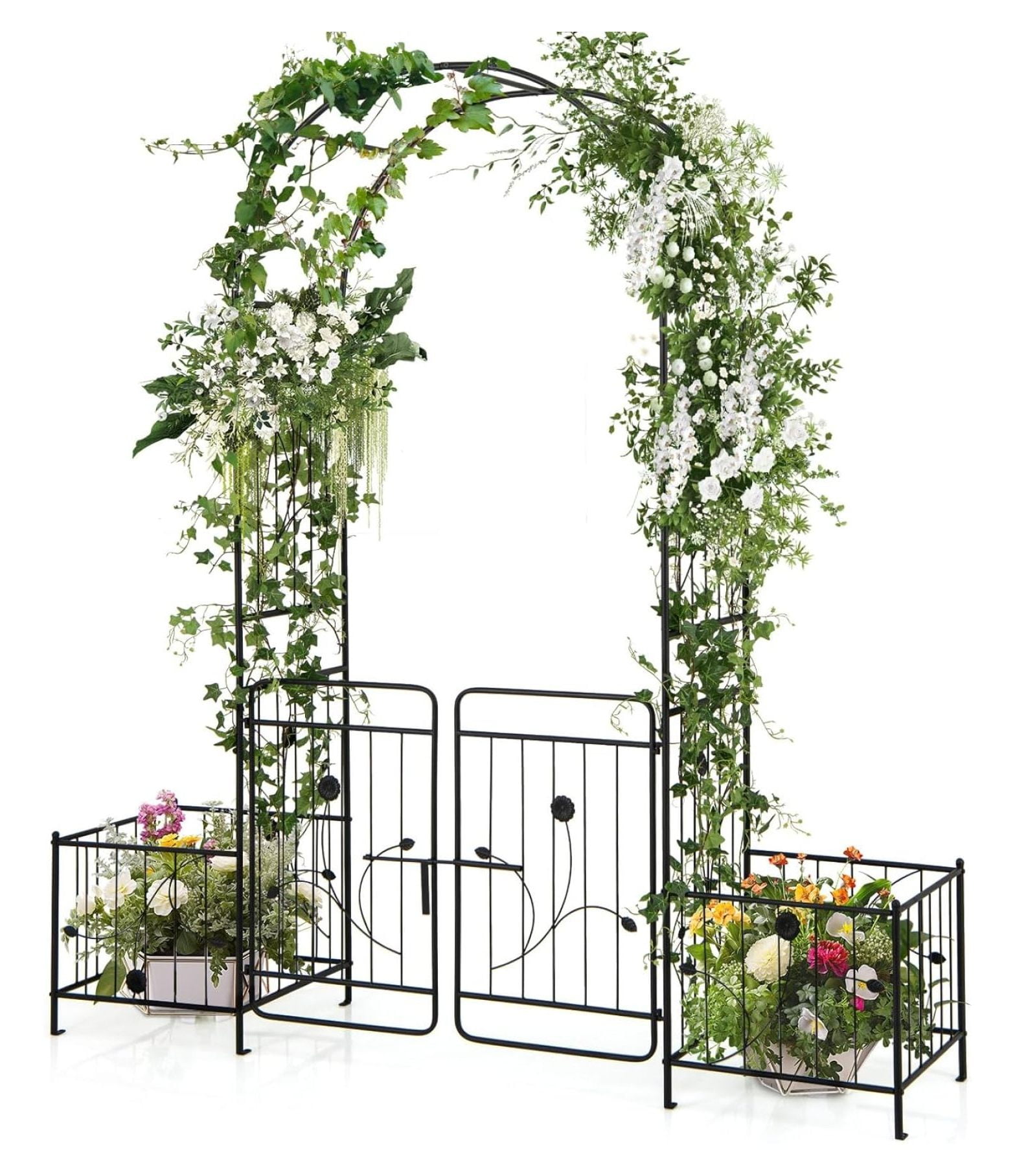 87-Inche Garden Arbor with Gate & Side Planter Box, Metal Garden Arch ...