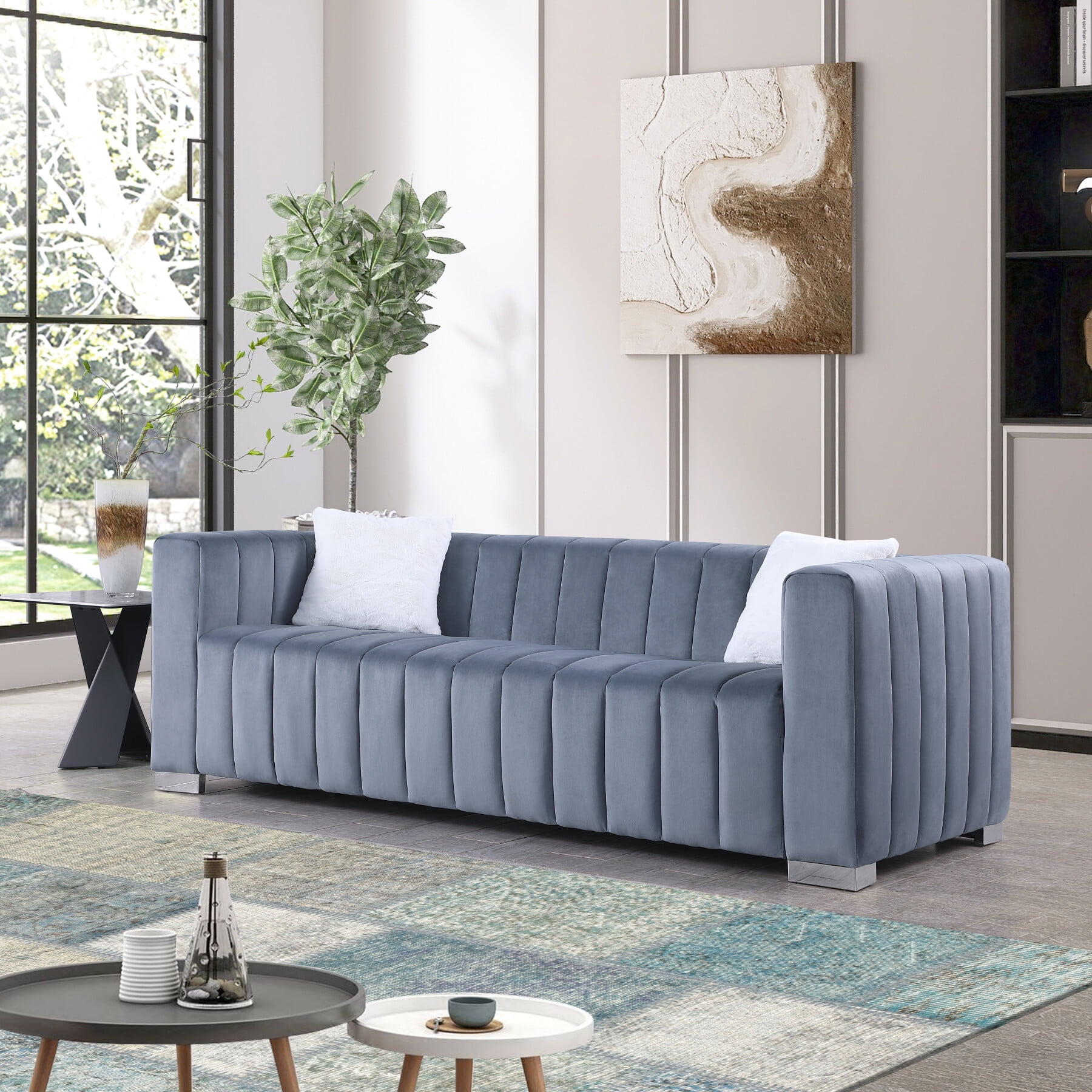 87"L Velvet Channel Tufted Sofa, Modern Upholstered Couch with Metal ...