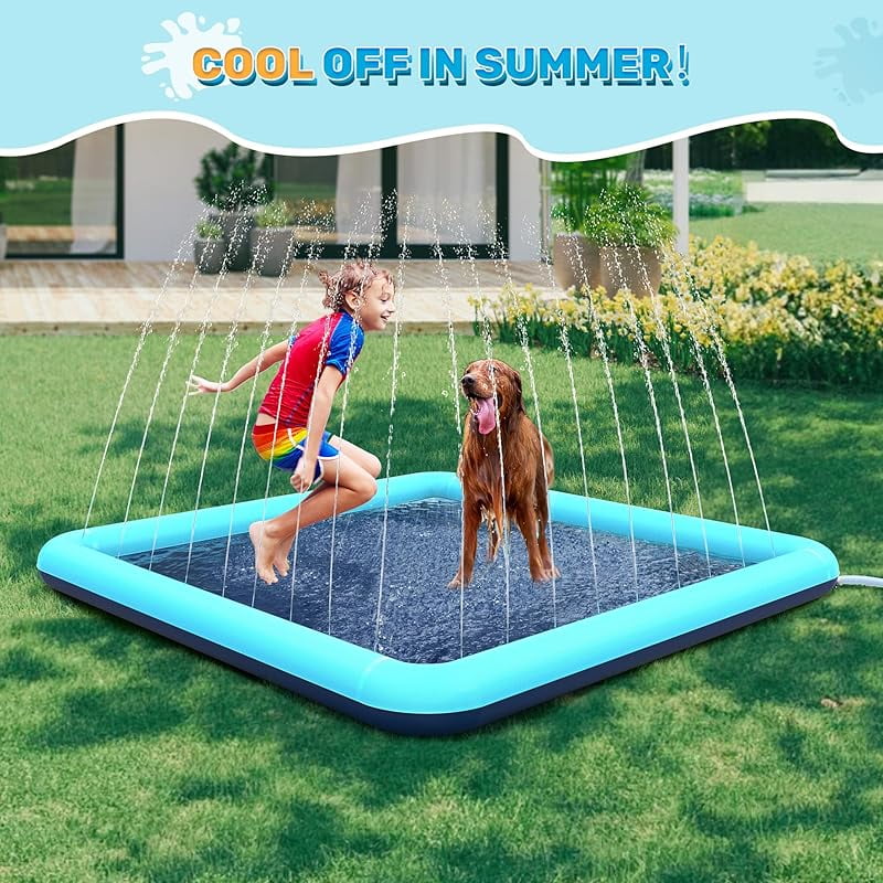 87'' Splash Pad for Dogs, Non-Slip Sprinkler for Kids, Square Splash ...