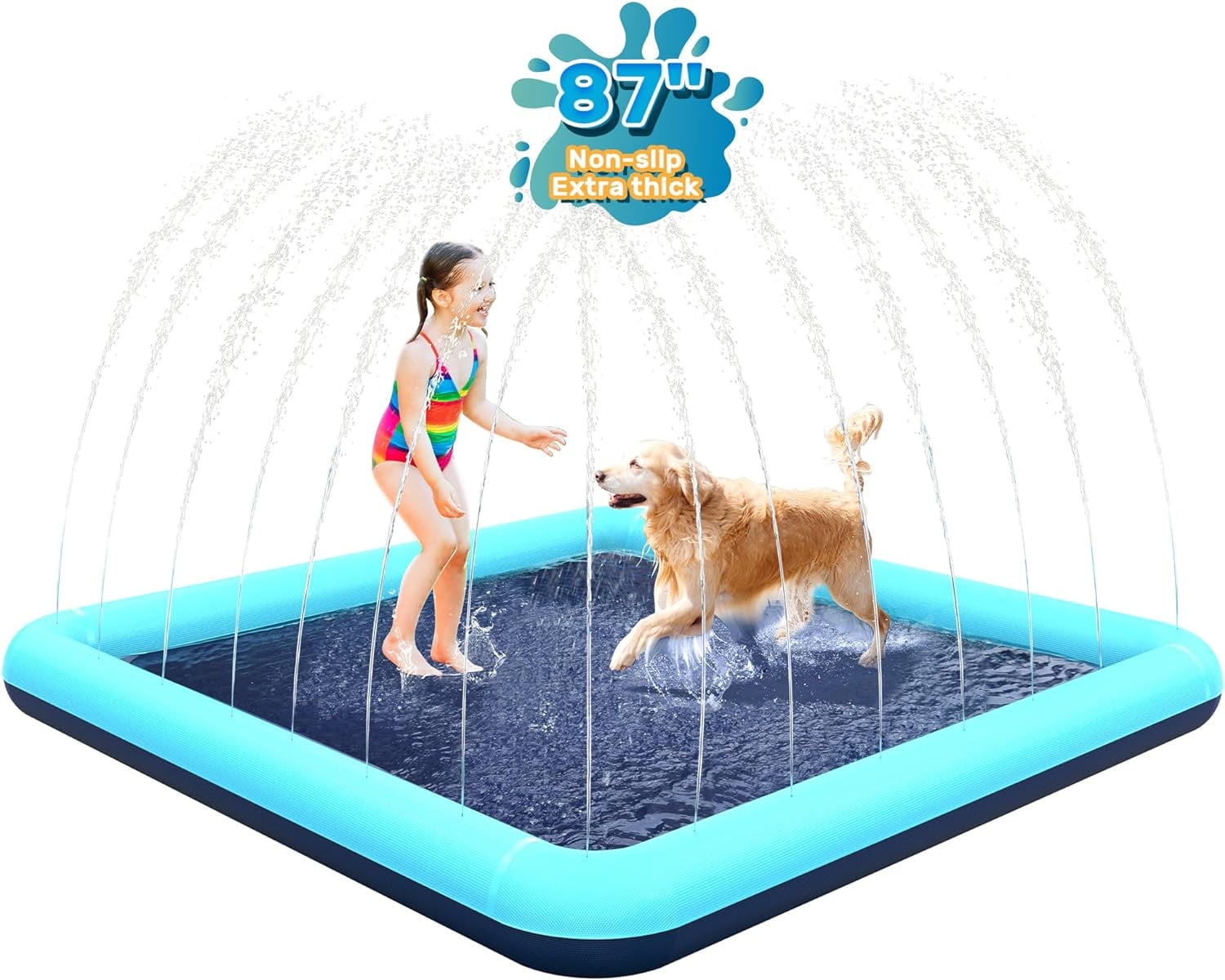 87'' Splash Pad for Dogs, Non-Slip Sprinkler for Kids, Square Splash ...