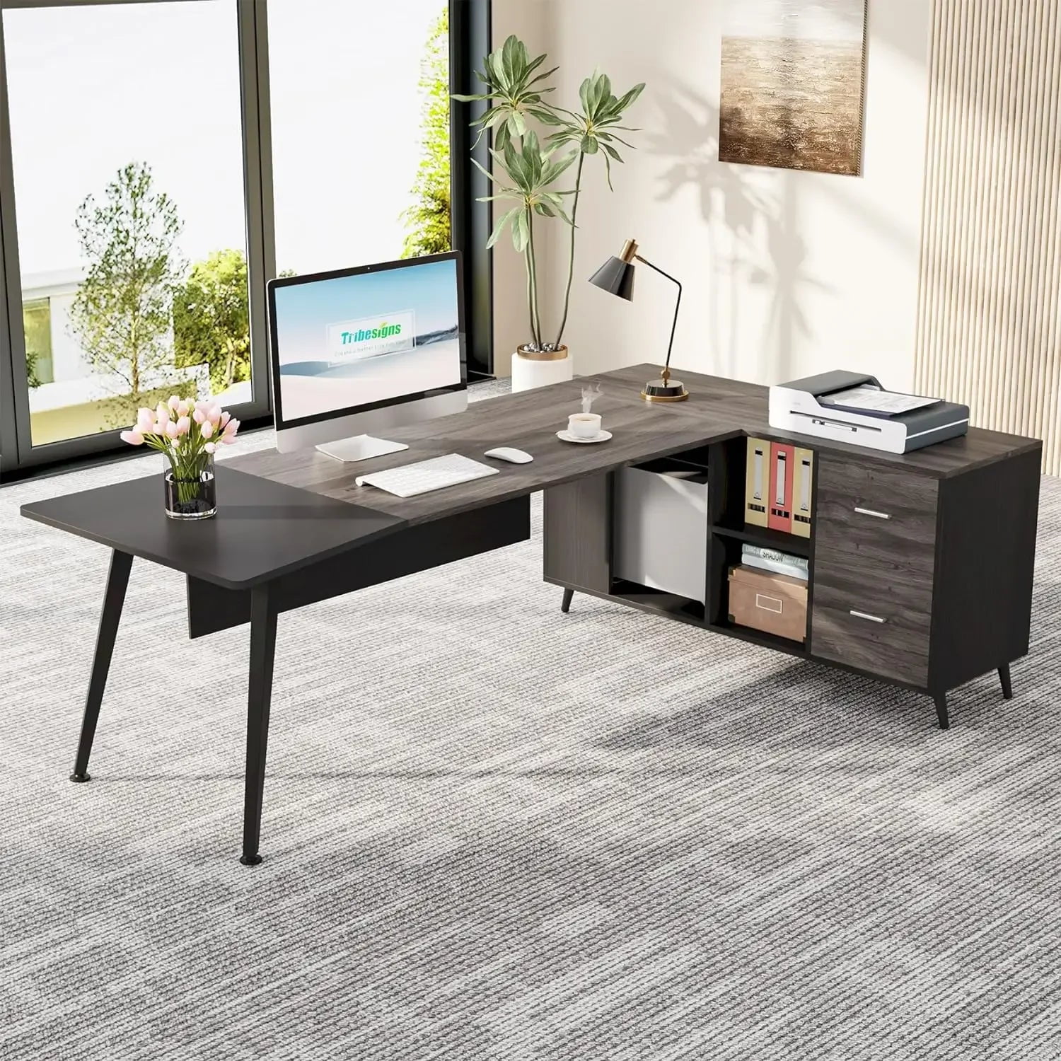 87” Extra Large Executive Desk with 51” File Cabinet,L-Shaped Office ...