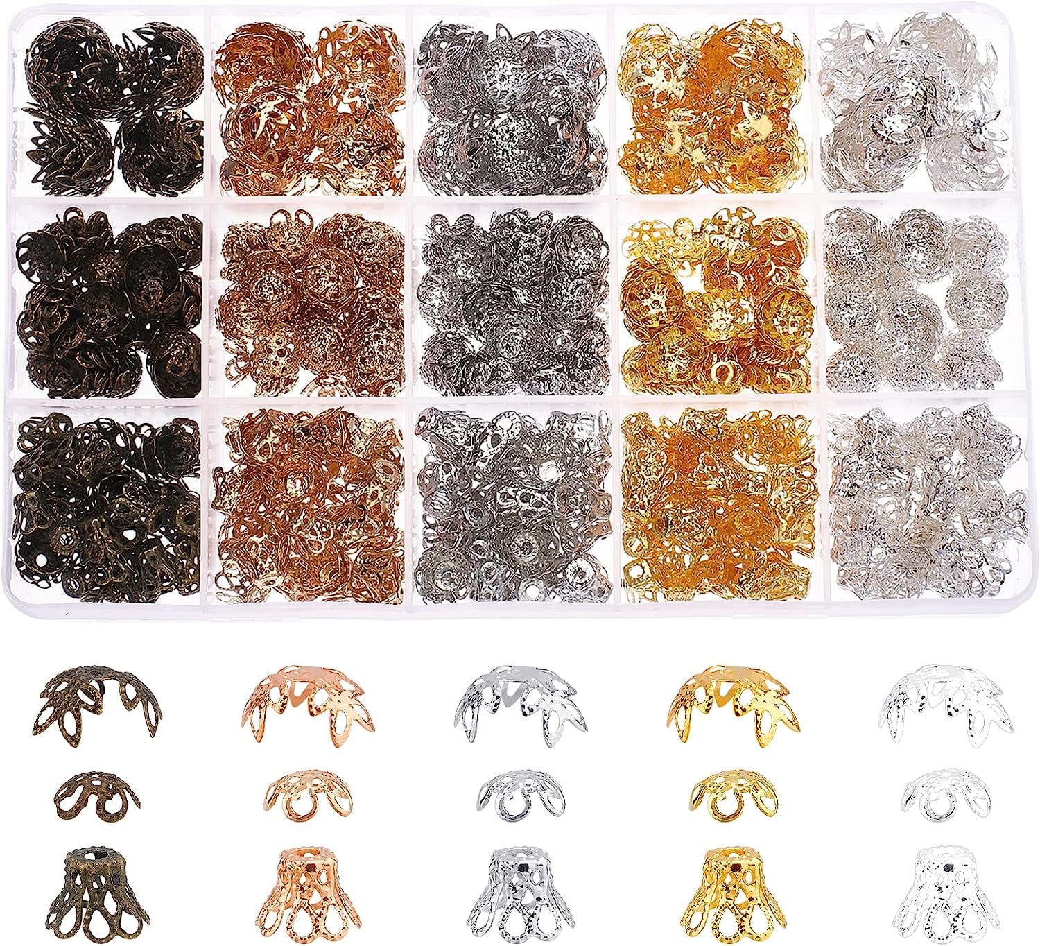 875Pcs 3 Styles Iron Flower Bead Caps 5 Colors Filigree Bead End Caps ...