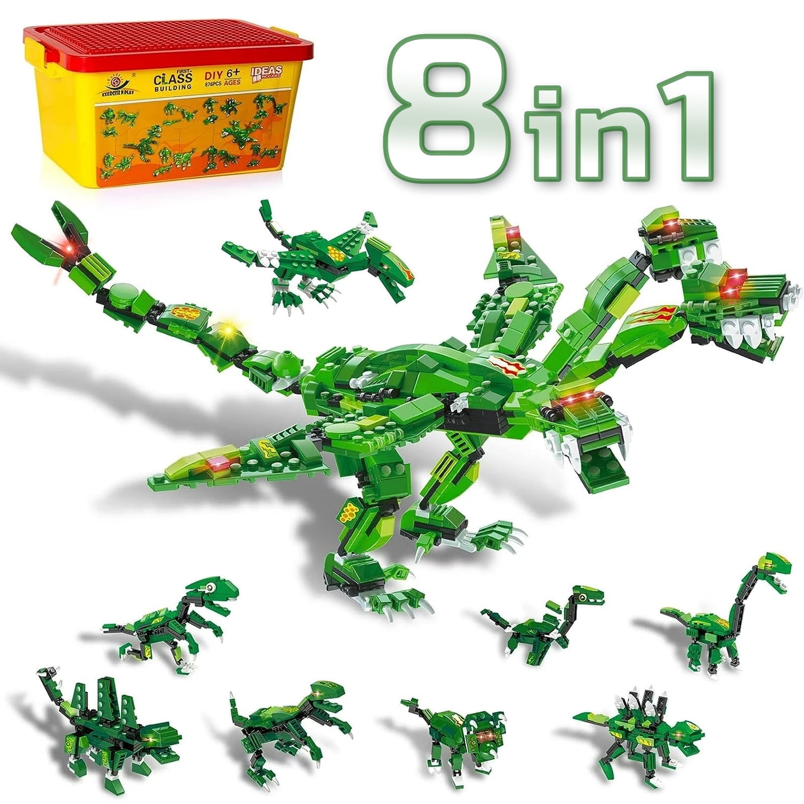 876 Pcs Dinosaurs Building Toys Set, 8 in 1 Building Blocks Kit with ...
