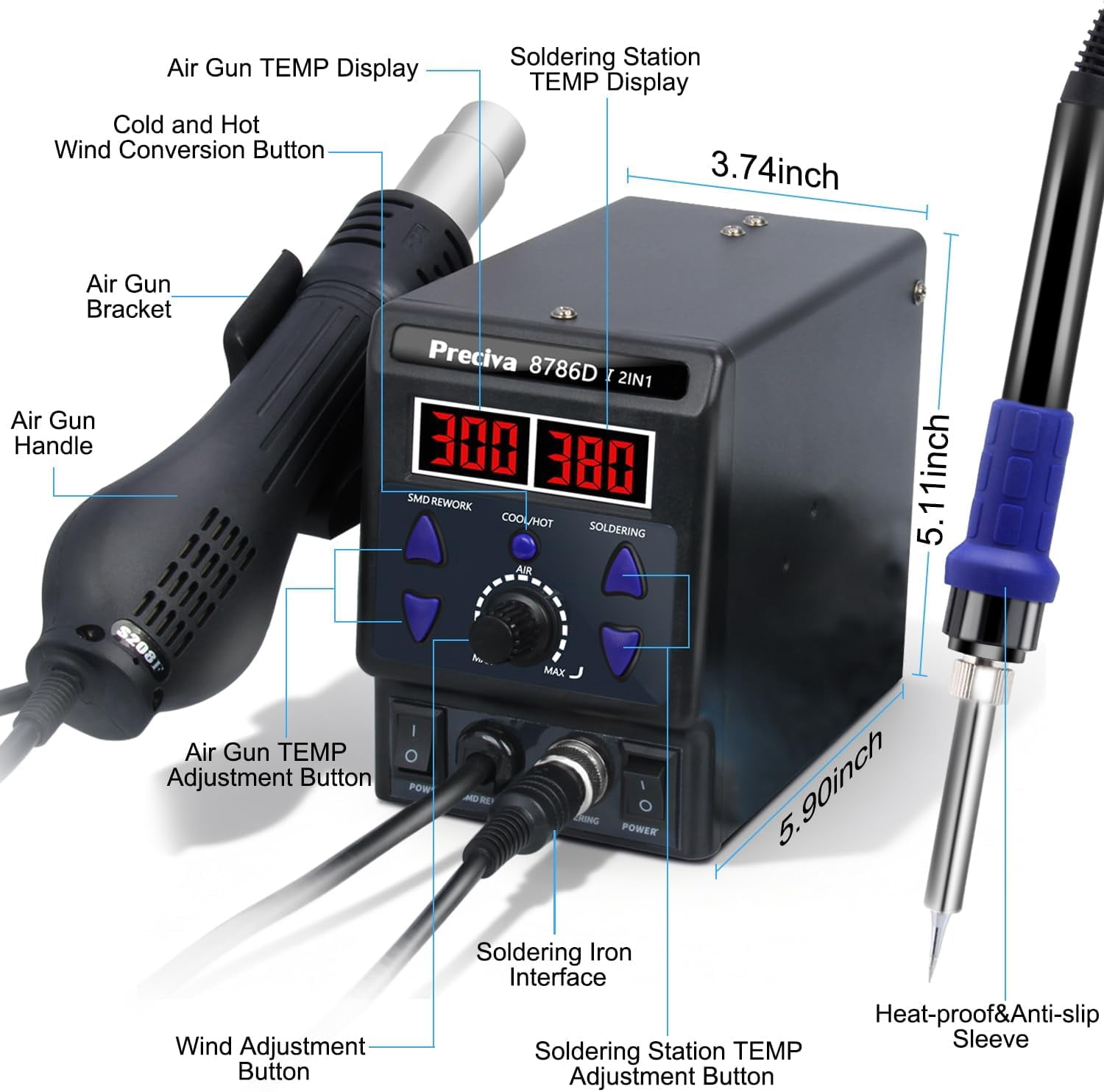8786D 2-IN-1 Hot Air Soldering Iron Station Kit with ° F / ° C, Cool ...