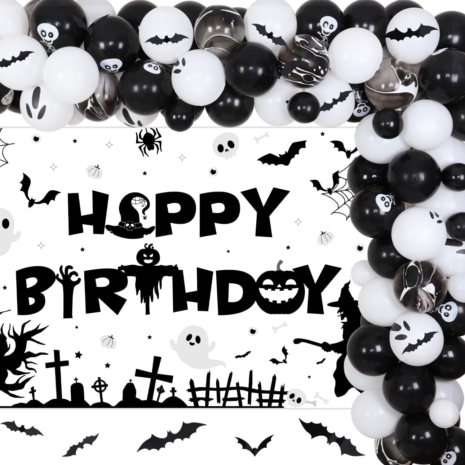 87Pcs Halloween Happy Birthday Party Decorations Black White Ghost ...