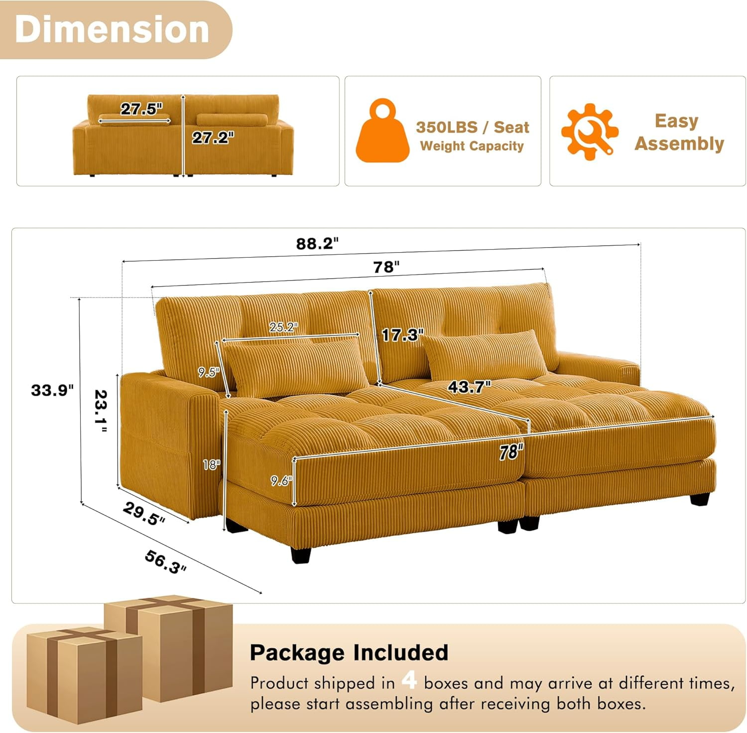 88.2" Oversized Double Chaise Lounge Sofa Bed with Reversible Armrests ...