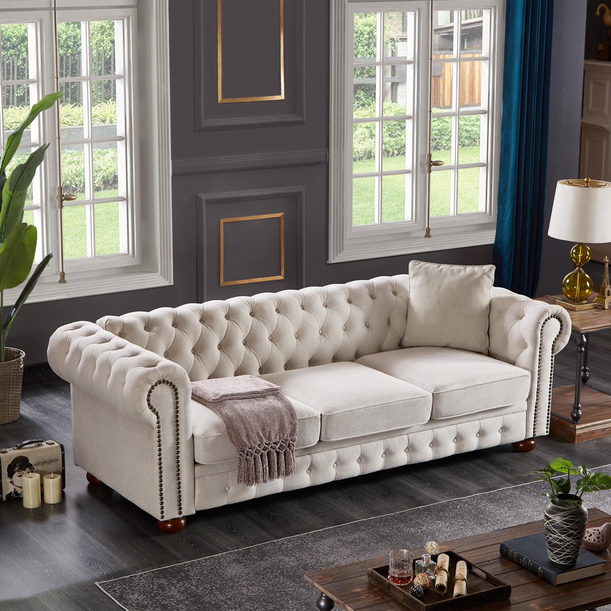 88.5'' Chesterfield Sofa,3-Seater Linen Fabric Couch with Tufted ...