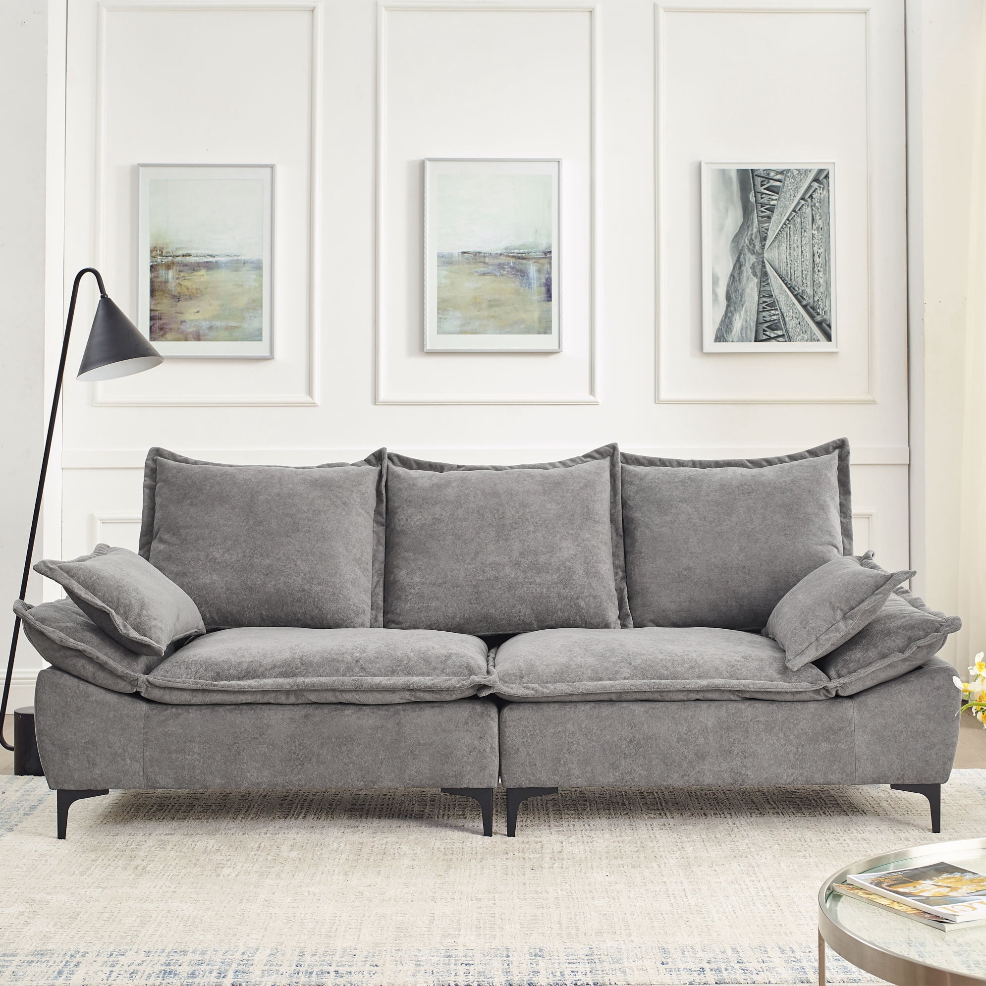 ARCTICSCORPION Velvet Spacious Standard Sofa with Pillows, Gray ...