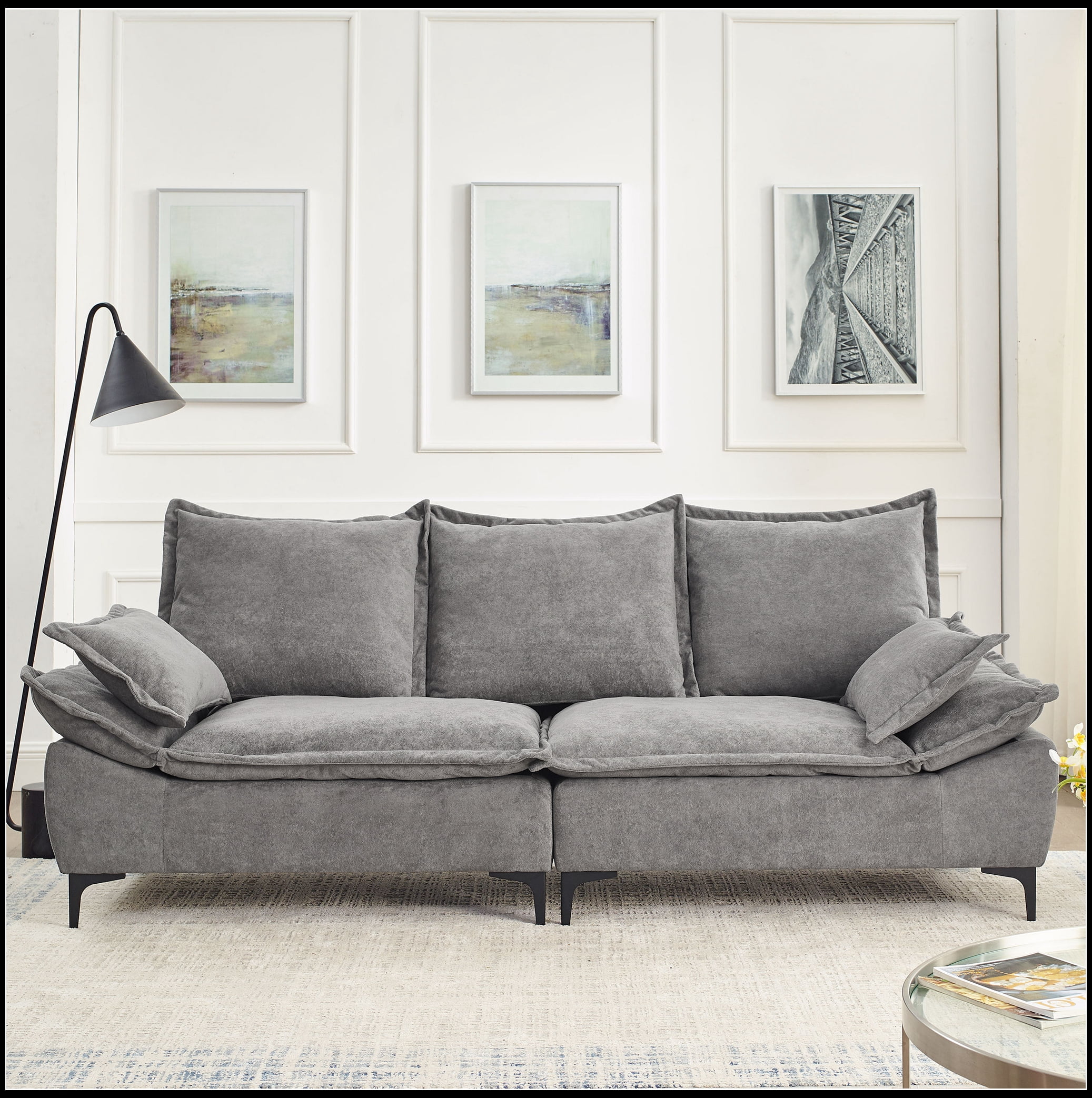 88.5" Modern Sailboat Sofa Dutch Velvet 3-Seater Sofa with Two Pillows ...