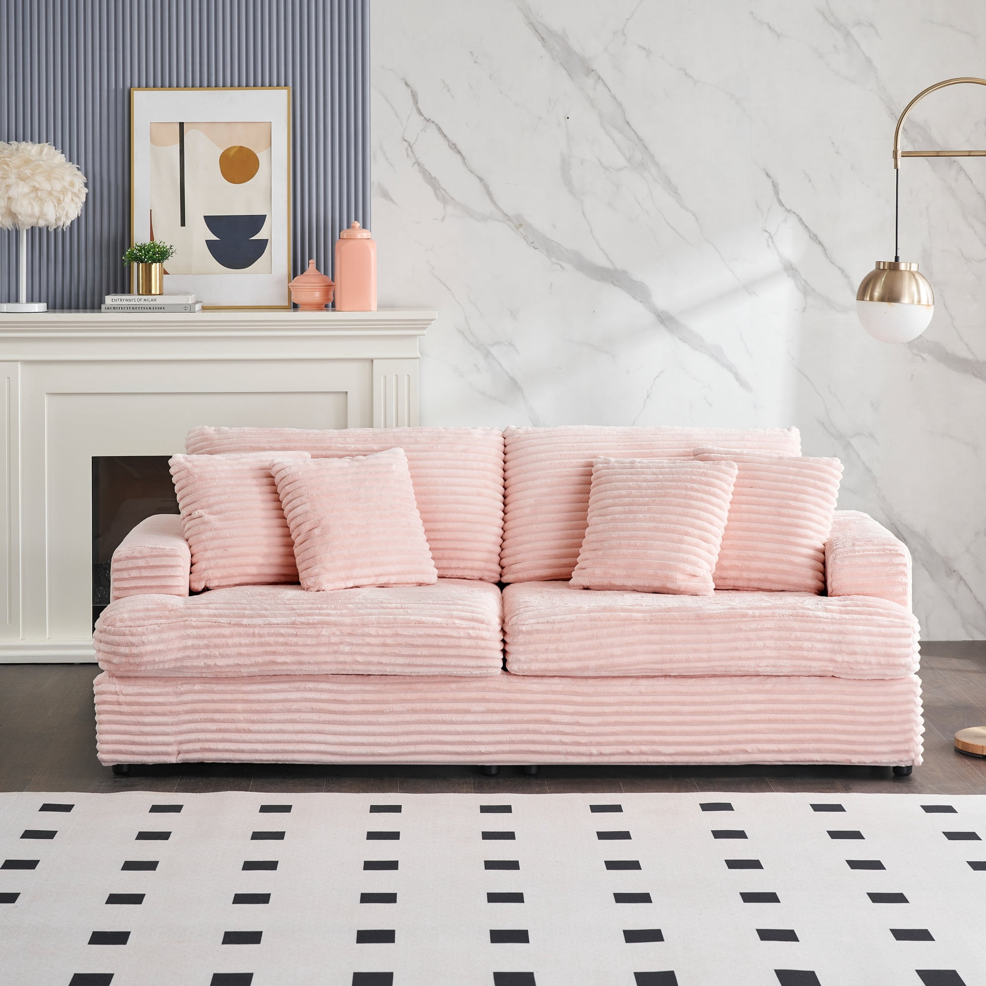 Corduroy 3-seater Sofa with 4Throw Pillows, Spacious Comfortable Soft ...