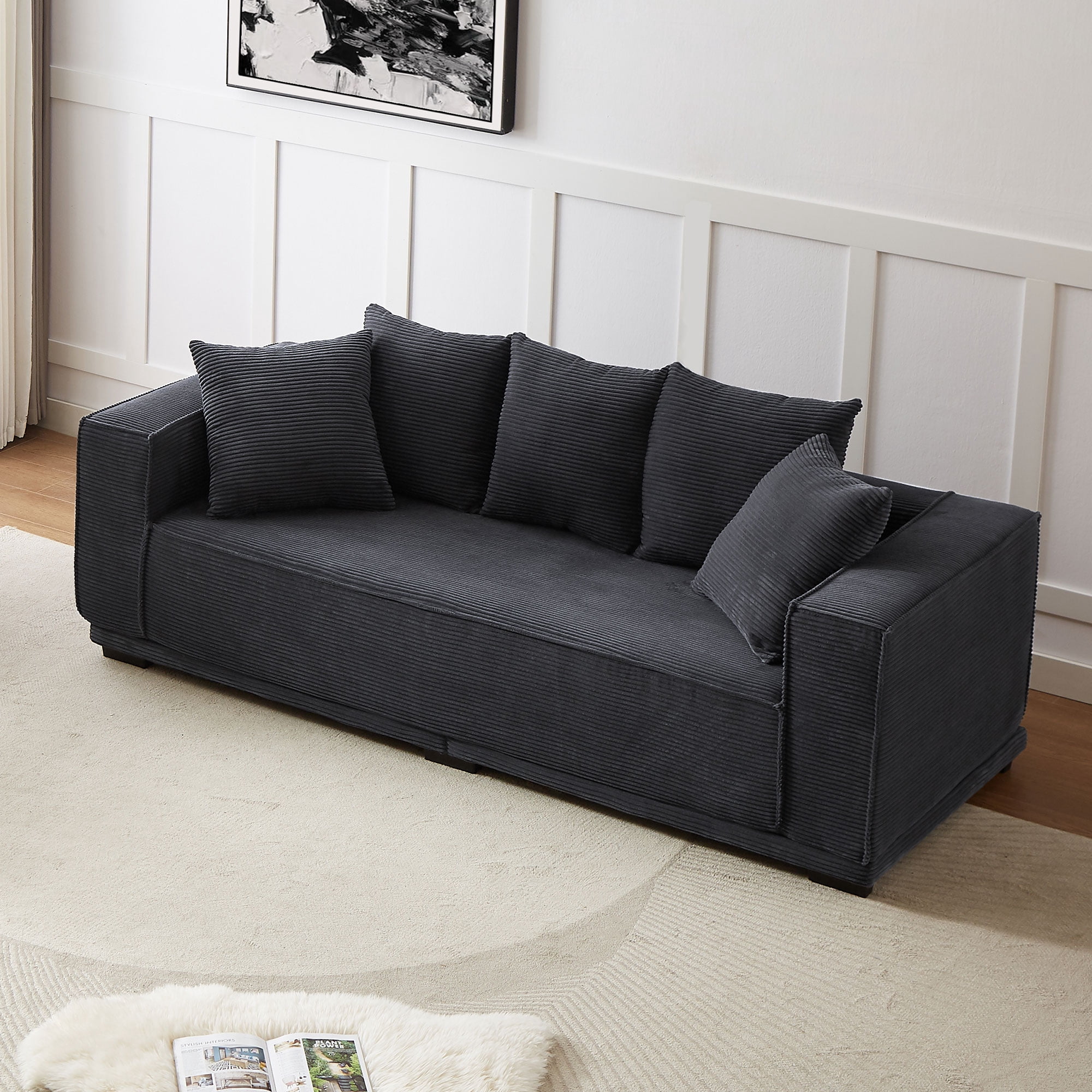 88.97" Corduroy Sectional Sofa Couch, Modern Upholstered Sponge Floor ...