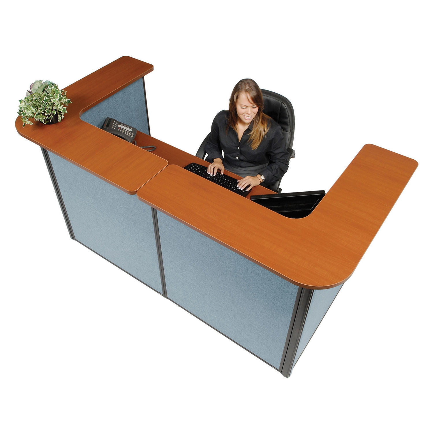 88" W x 44"D x 44"H U-Shaped Reception Station, Cherry Counter/Blue ...