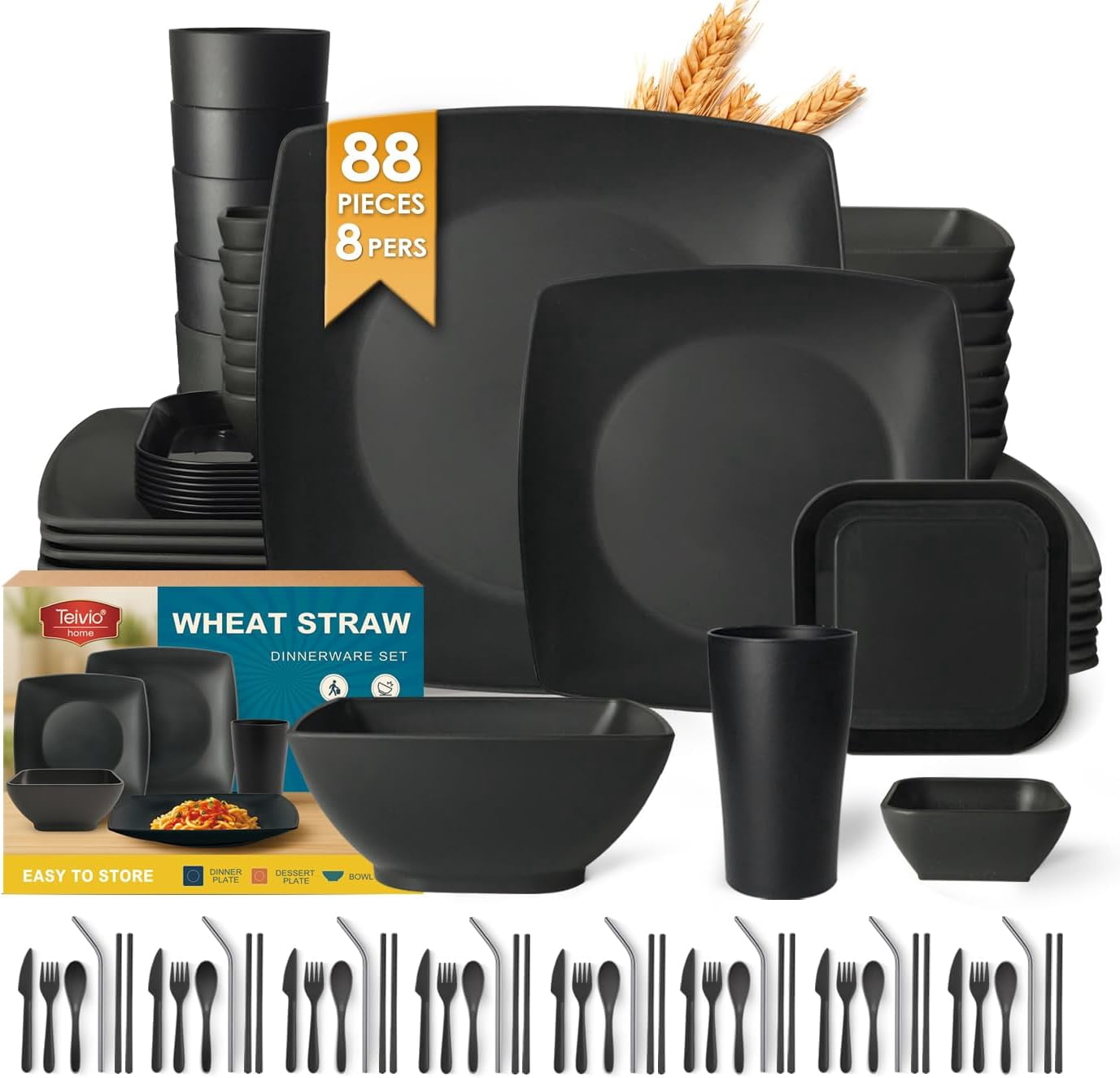 88-piece With Flatware Plastic Kitchen Wheat Straw Square Dinnerware ...