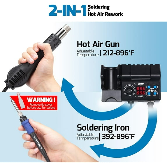 882D Soldering Iron Station 2-IN-1 SMD Hot Air Rework Station - Walmart.com