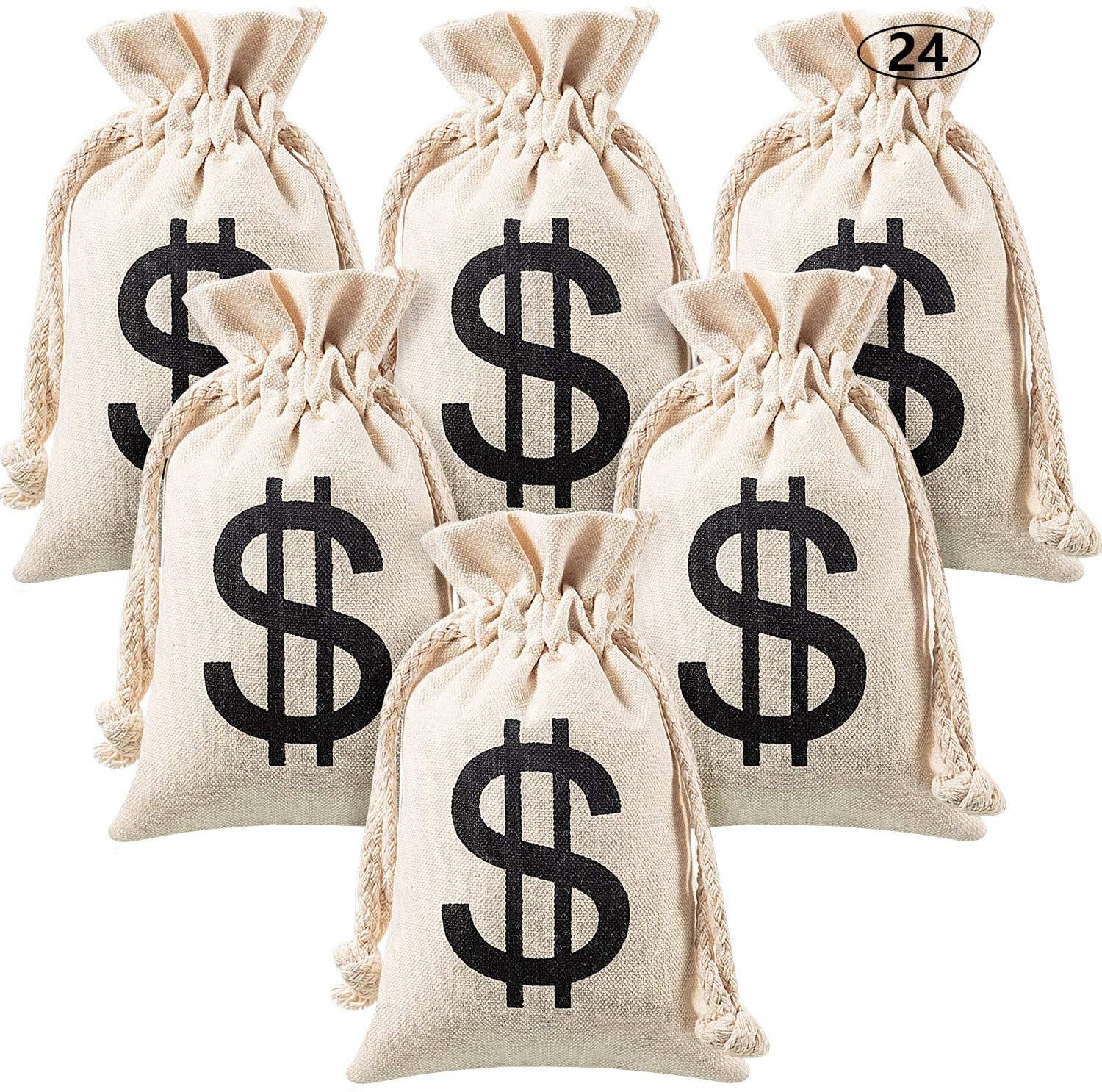 888 24 Piece Canvas Money Bag Pouch with Drawstring Closure and Dollar ...