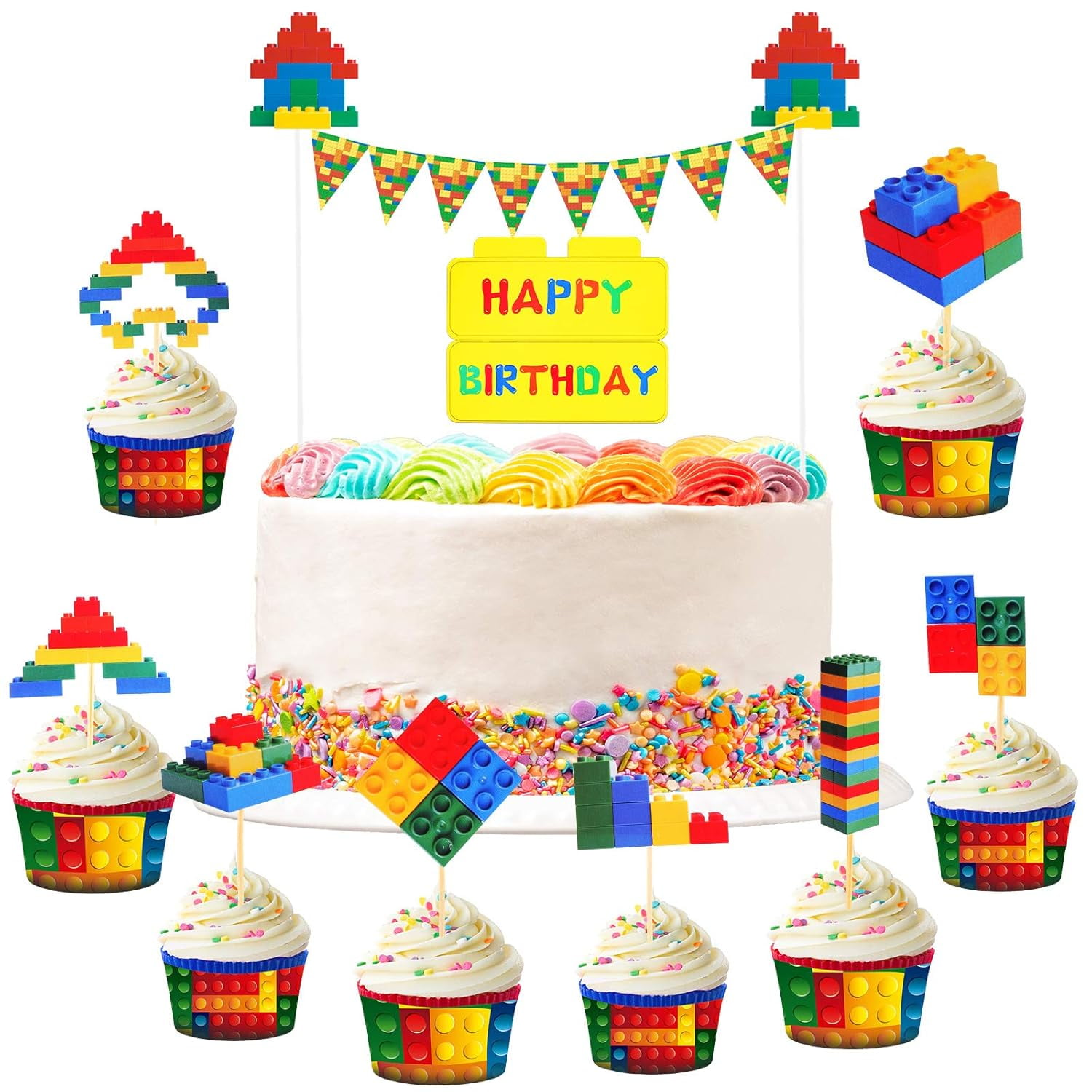 888 34 Pieces Building Block Themed Happy Birthday Cake Toppers Cupcake ...