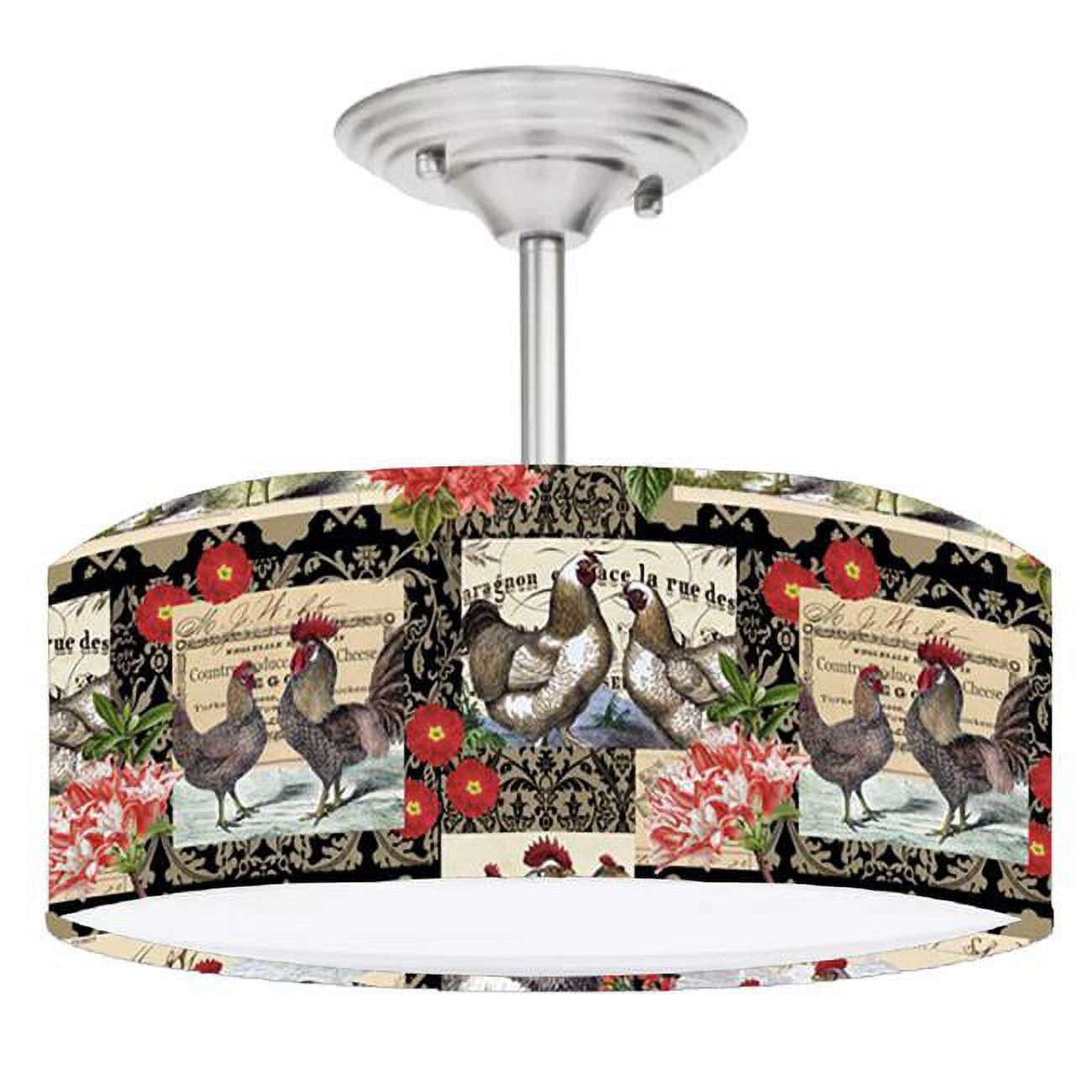 888 Cool Fans DR-0001096 French Country Farmhouse Chickens 2-Light Brushed Nickel Drum LED Lamp ...