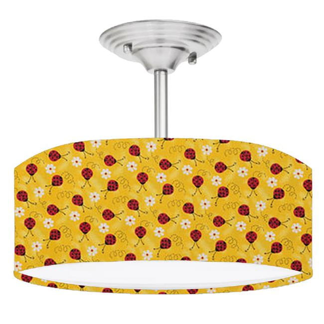 888 Cool Fans DR-0001160 Ladybugs on Yellow 2-Light Brushed Nickel Drum Style LED Lamp Fixture ...