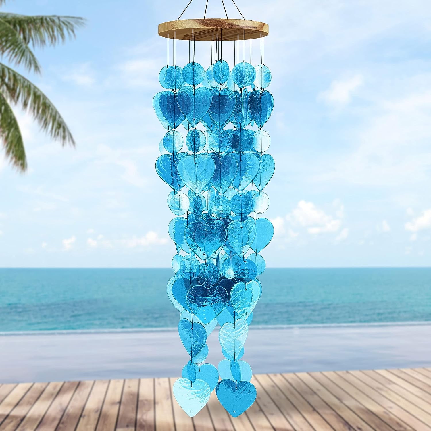 88Craft Vibrant Heart Blue Capiz Shell Glass Wind Chimes 28 Inch with ...