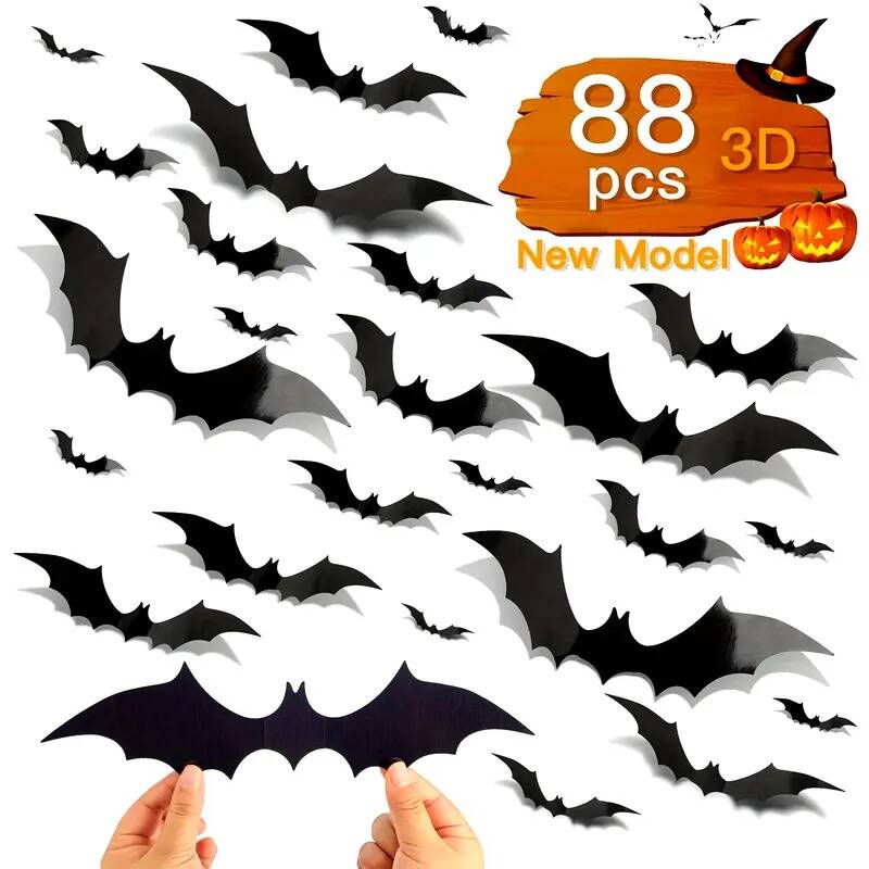 88PCS 3D Bats Halloween Decorations, 4-Size Realistic PVC Scary Black ...