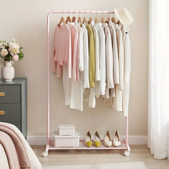 88lb Capacity Heavy Duty Wheeled Clothing Rack with Mesh Storage Shelf ...