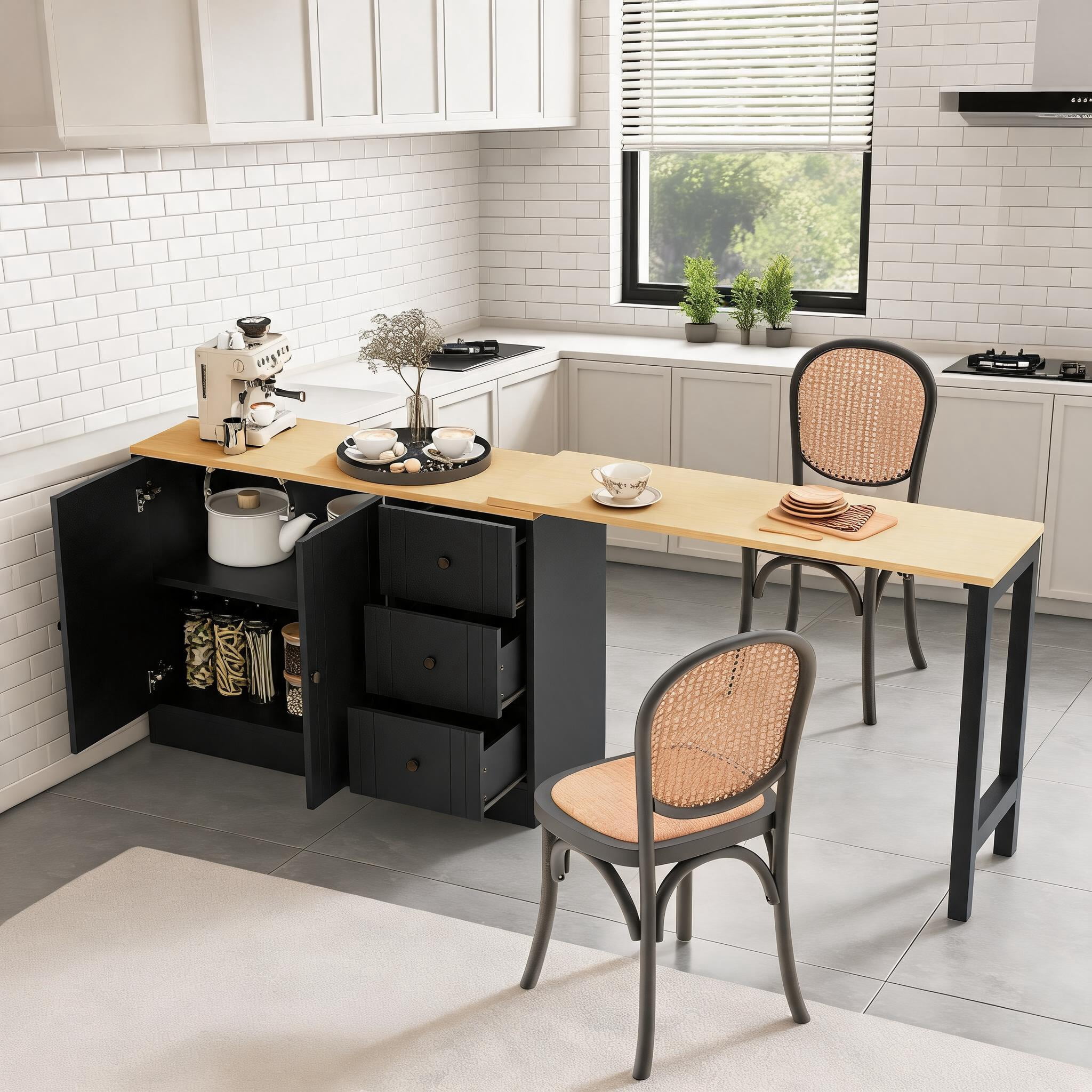 89.7-Inch Extendable Sideboard with Pull-Out Dining Table, Seats 2 ...