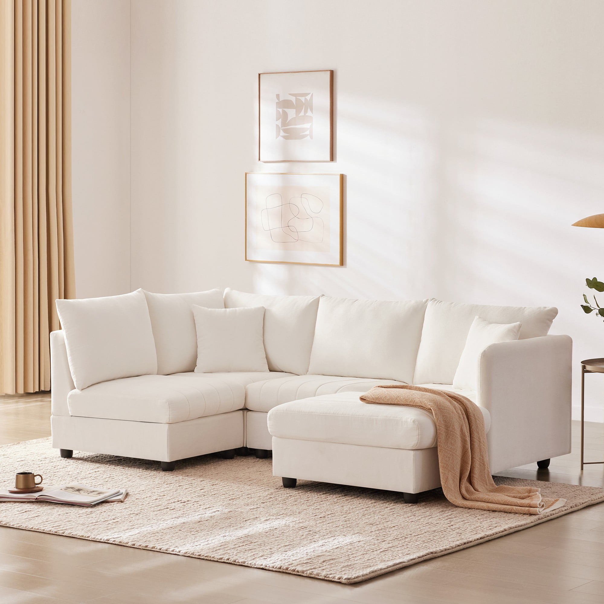 89*79"Modern Sectional Sofa with Vertical Stripes, 2 Pillows, 5-Seat ...