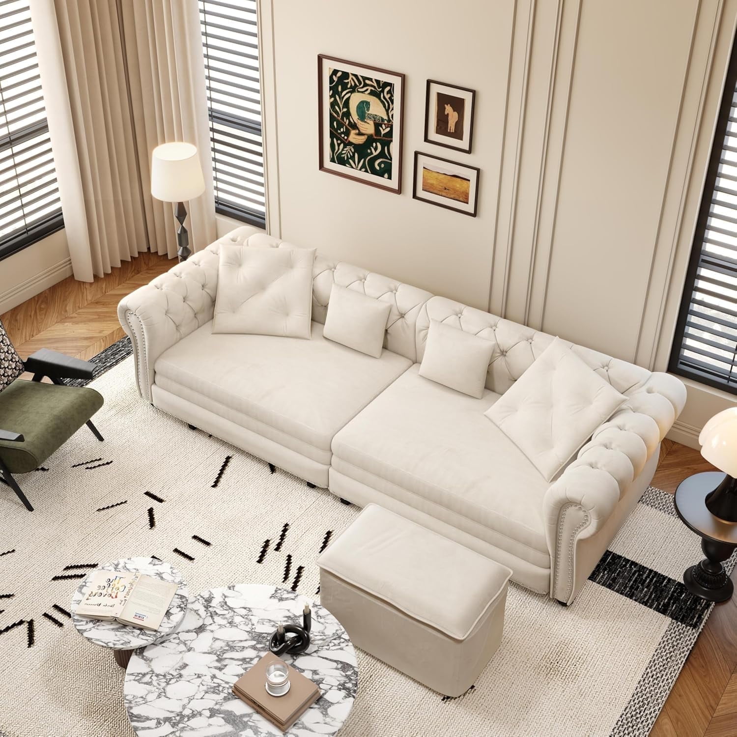 Classic 3 Seaters Chesterfield Sofa with Ottoman and 4 Pillows, Button ...