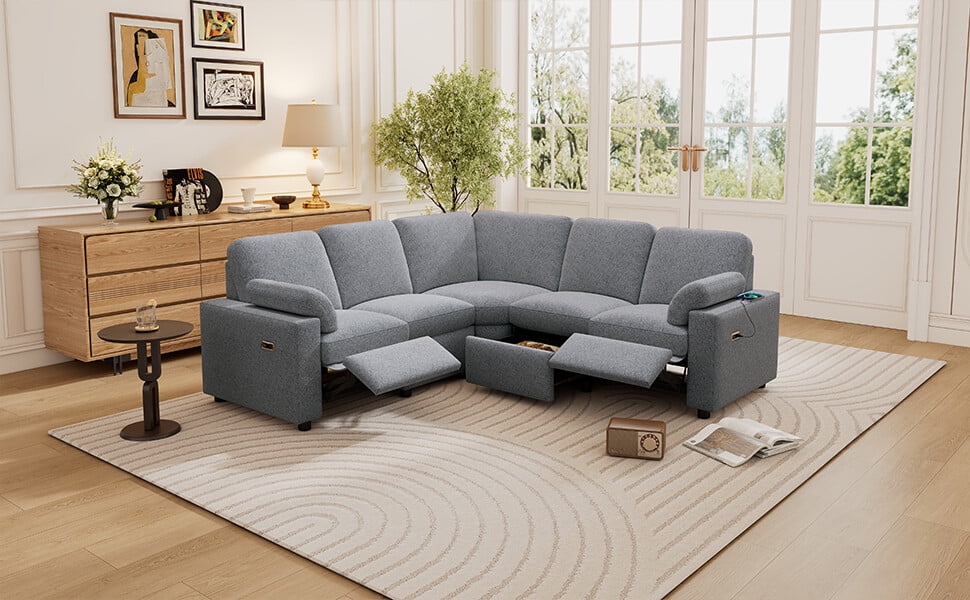 89" Power Recliner Sectional Sofa, 5 Seat Home Theater Reclining Sofa with 2 USB Ports and 2 ...