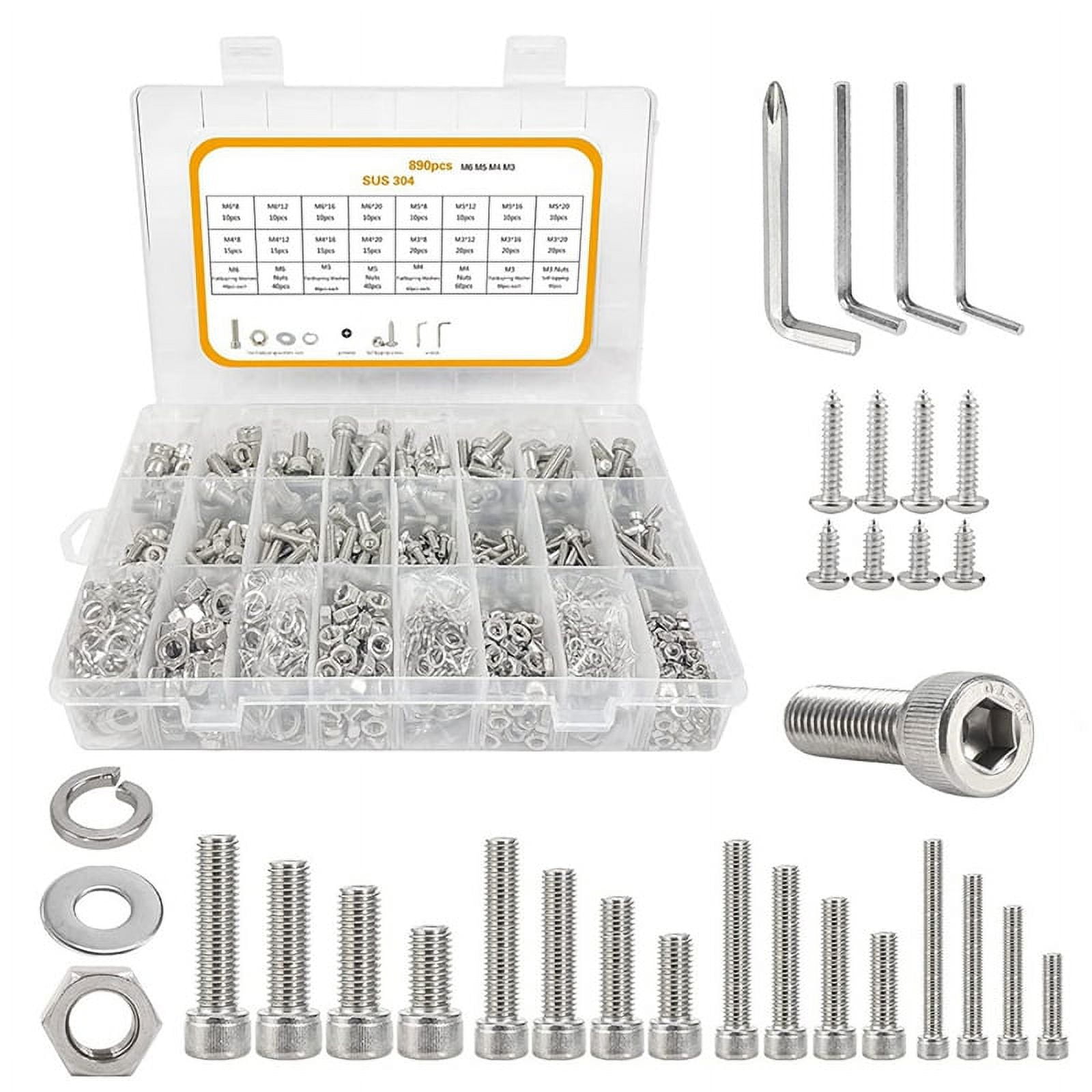 890Pcs M3-M6 Screw Assortment, Bolts and Nuts Kit, Socket Cap Screws ...