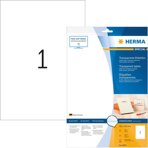 8964 Self Adhesive Clear Film Inkjet Labels, 1 Label per A4 Sheet, 10 ...