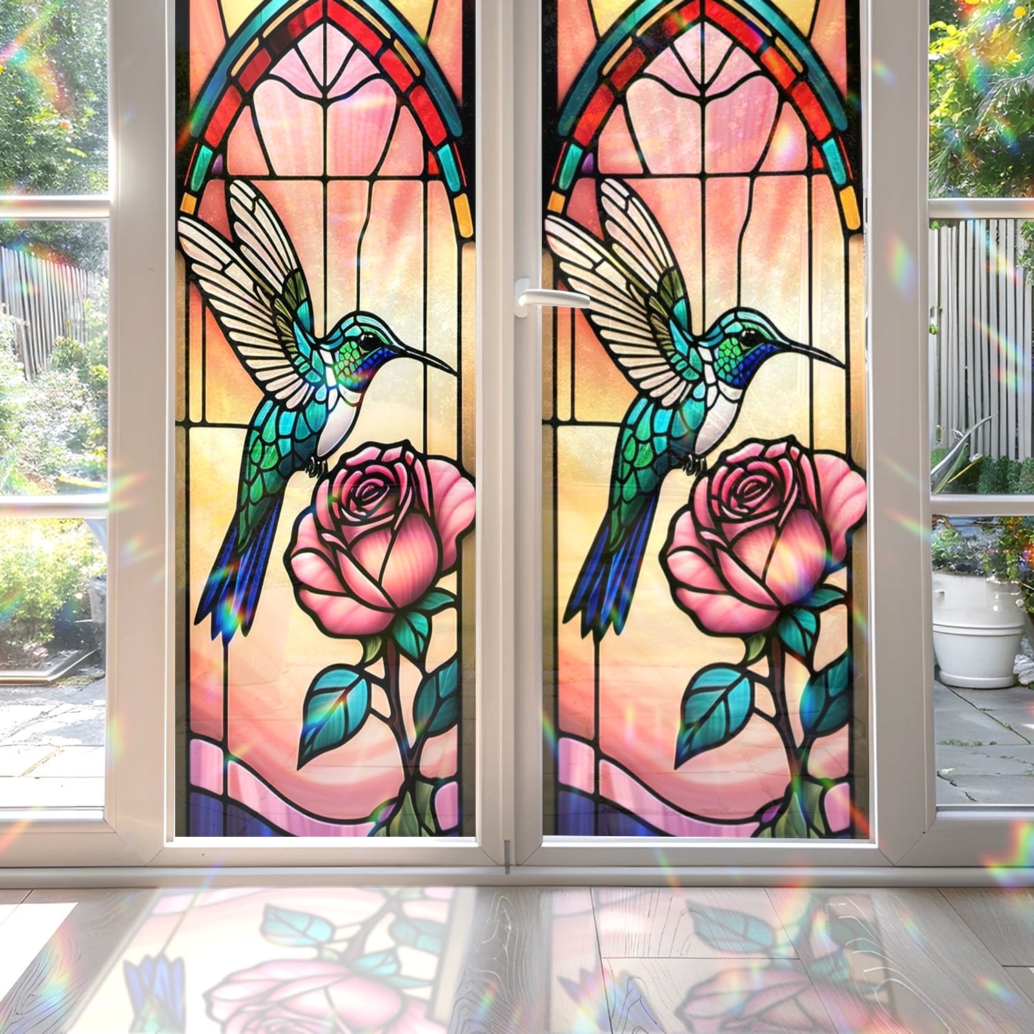 89Bloom 17.7 x39.4 Inches Decorative Hummingbird & Roses Stained Glass ...