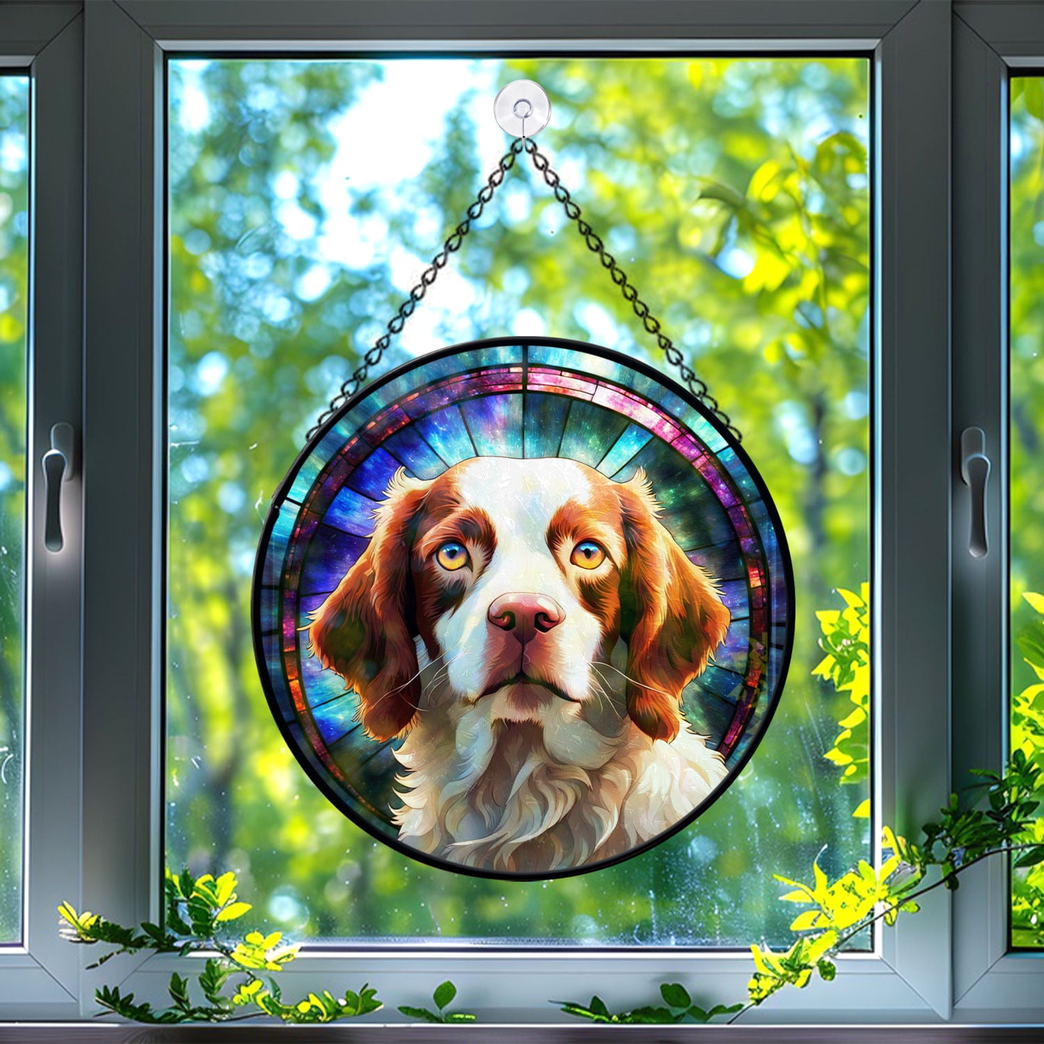 89Bloom Brittany Spaniel Window Hanging Stained Glass, Brittany Spaniel ...